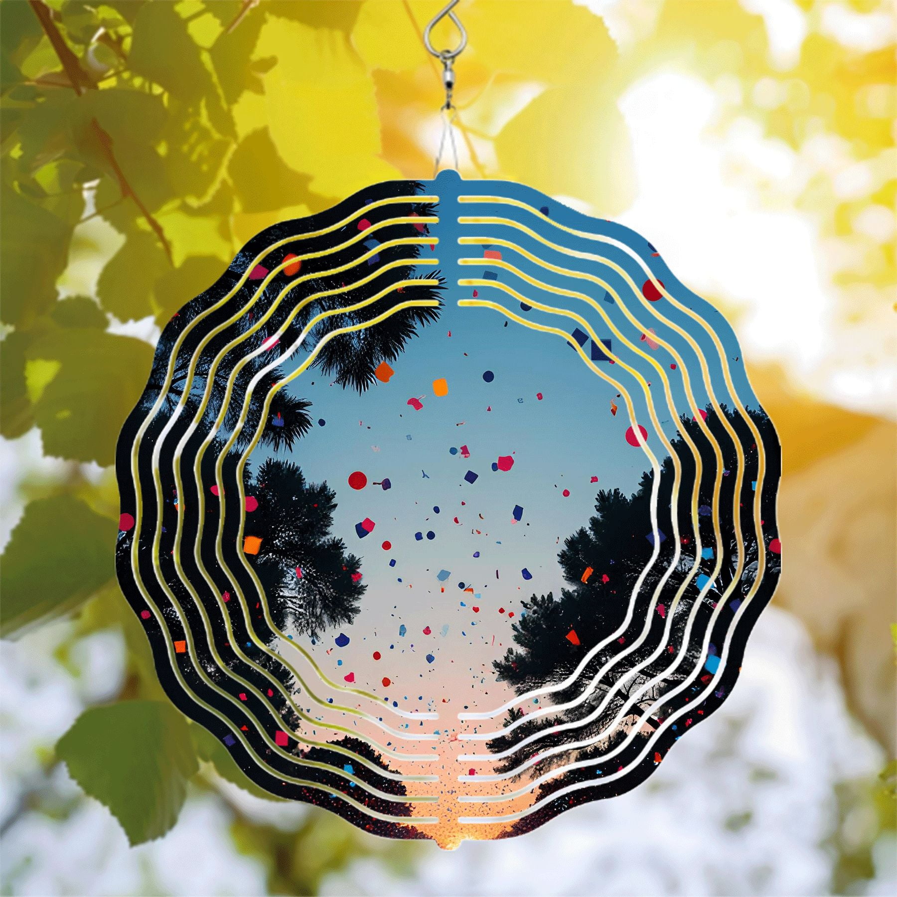 Metal Hanging Wind Spinners with Concentric Lines & Silhouetted Trees ...