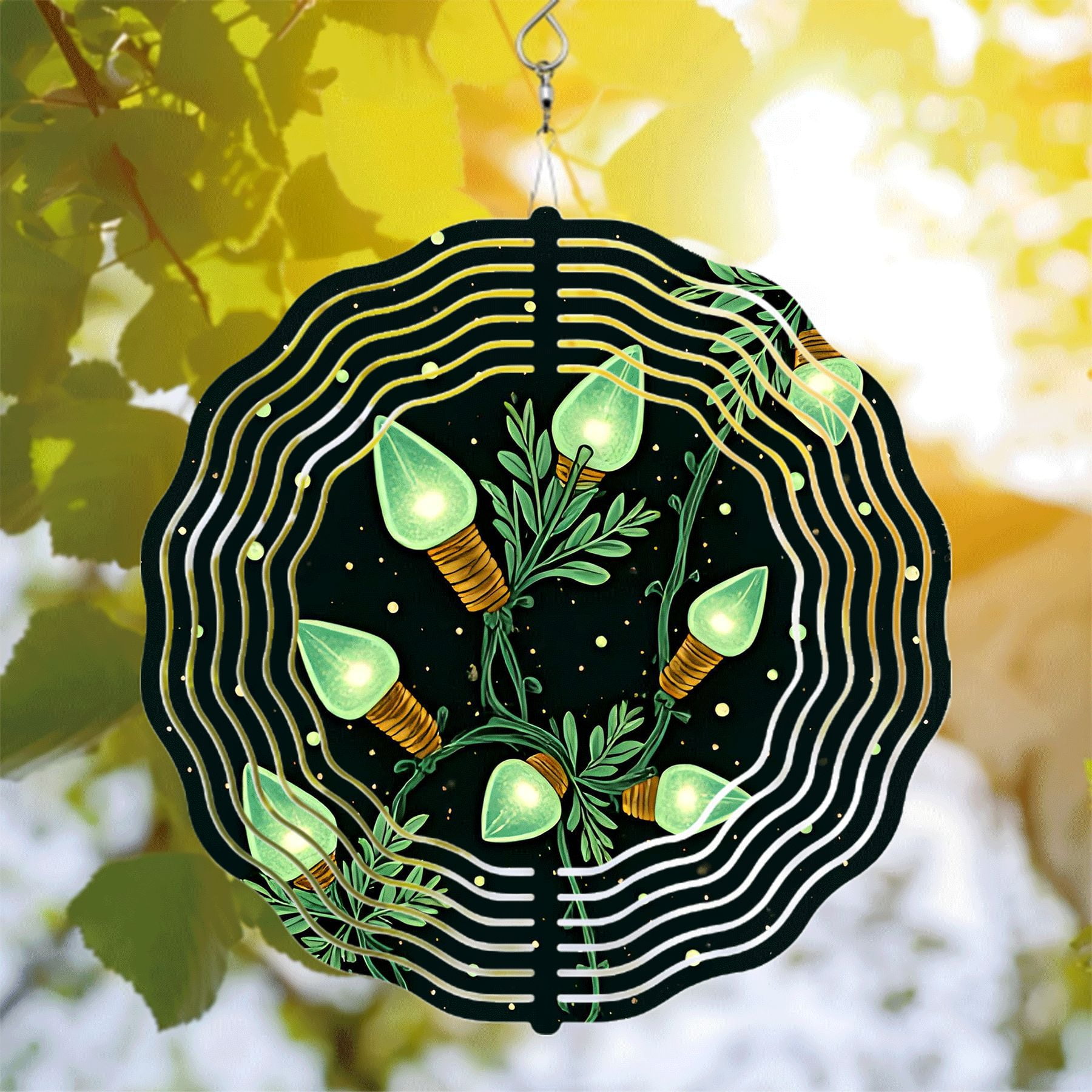 Metal Hanging Wind Spinners with Concentric Wave Pattern Glowing Green ...