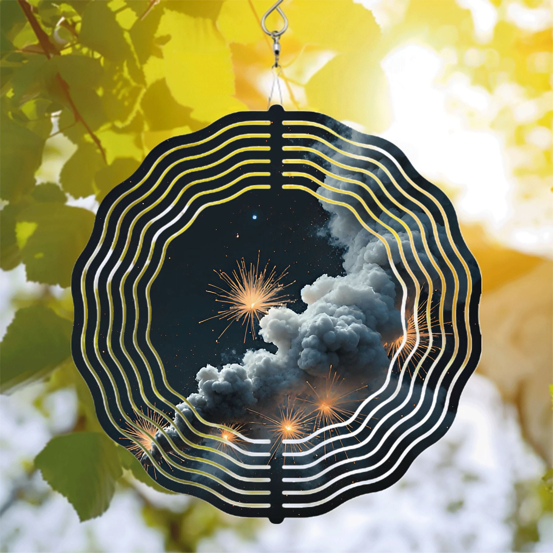 Metal Hanging Wind Spinners with Concentric Wave Patterns & Firework ...
