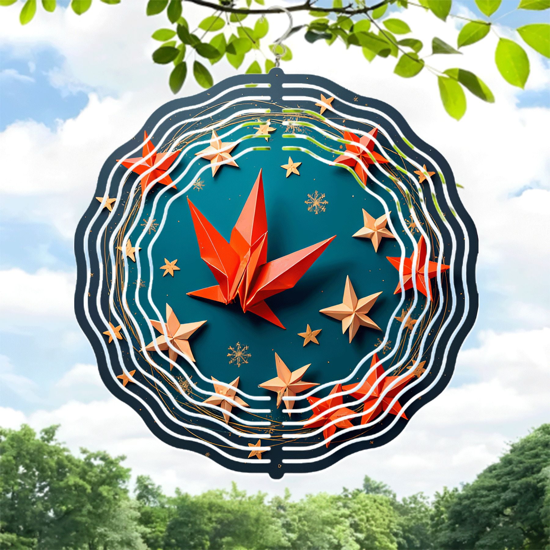 Metal Hanging Wind Spinners with Concentric Waves Red Origami Crane ...