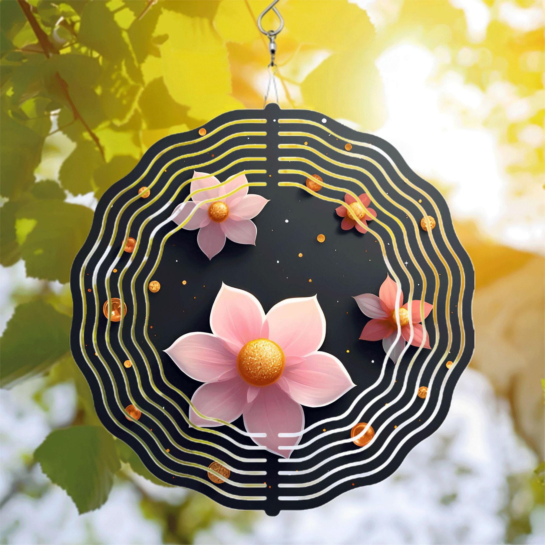 Metal Hanging Wind Spinners with Concentric Wavy Lines & Floral Design ...