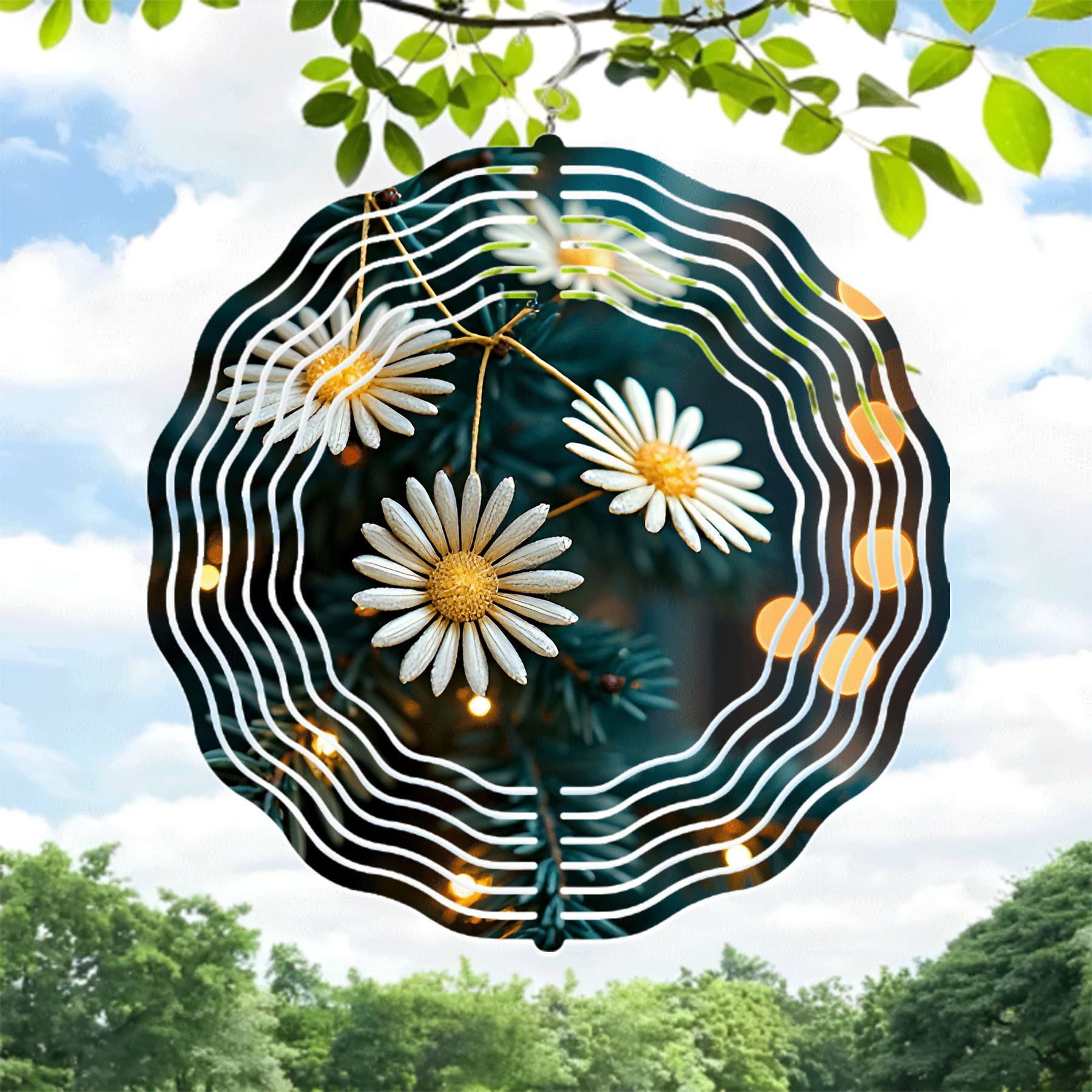 Metal Hanging Wind Spinners with Concentric White Lines & Daisy Flowers ...