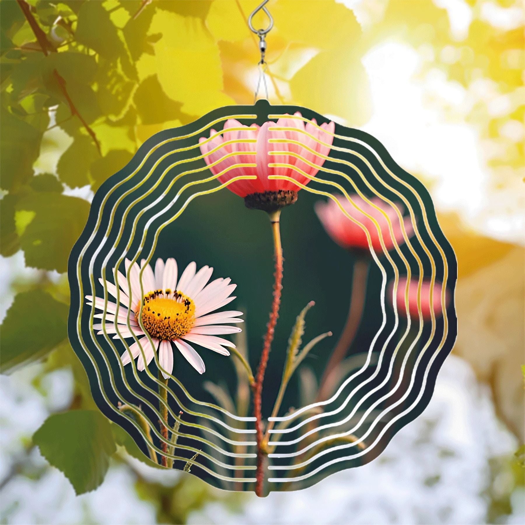 Metal Hanging Wind Spinners with Concentric White Lines Design ...