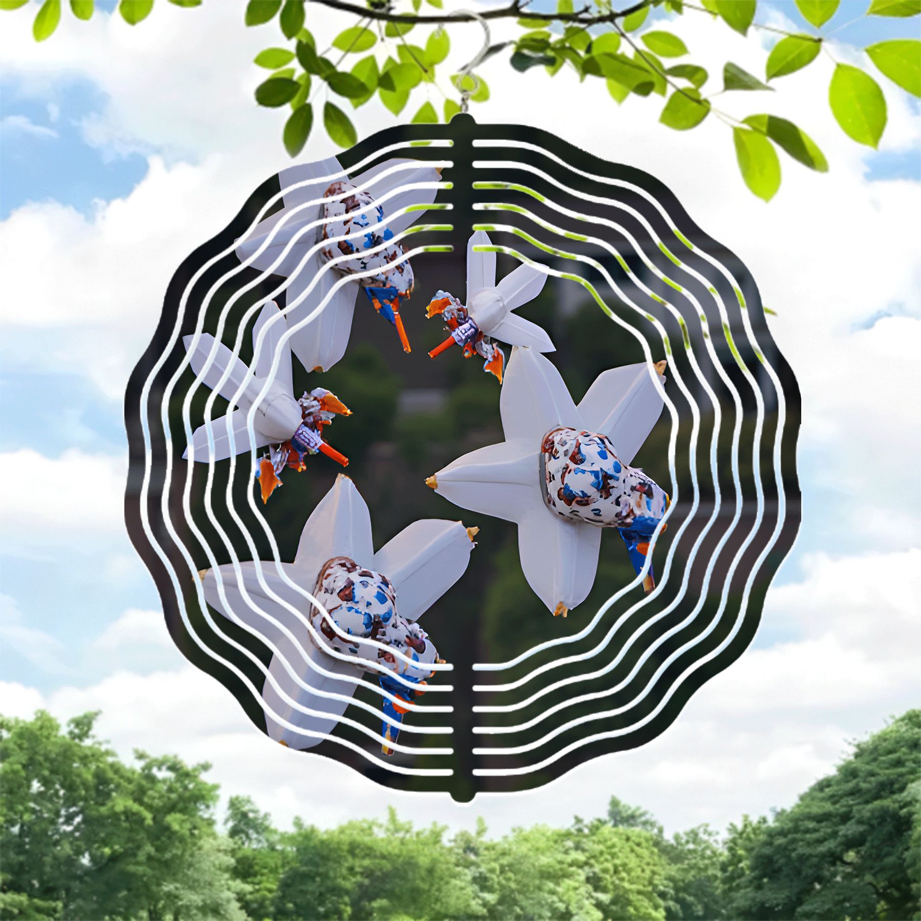 Metal Hanging Wind Spinners with Concentric White Lines & Floating ...