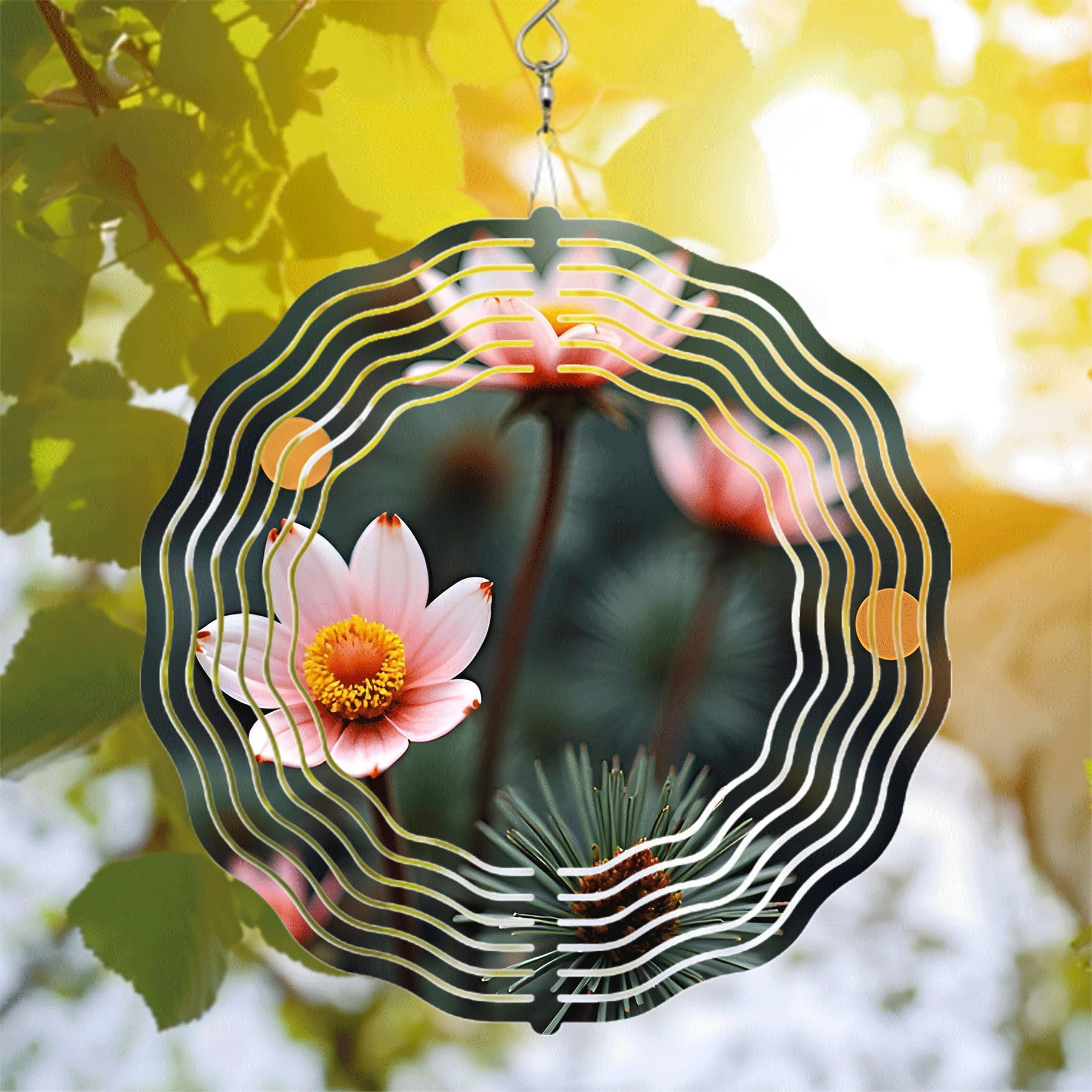 Metal Hanging Wind Spinners with Concentric White Lines & Floral Design ...