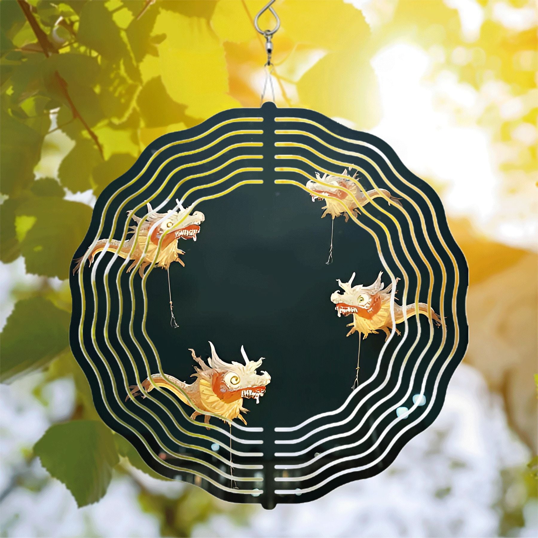 Metal Hanging Wind Spinners with Concentric White Lines & Golden ...