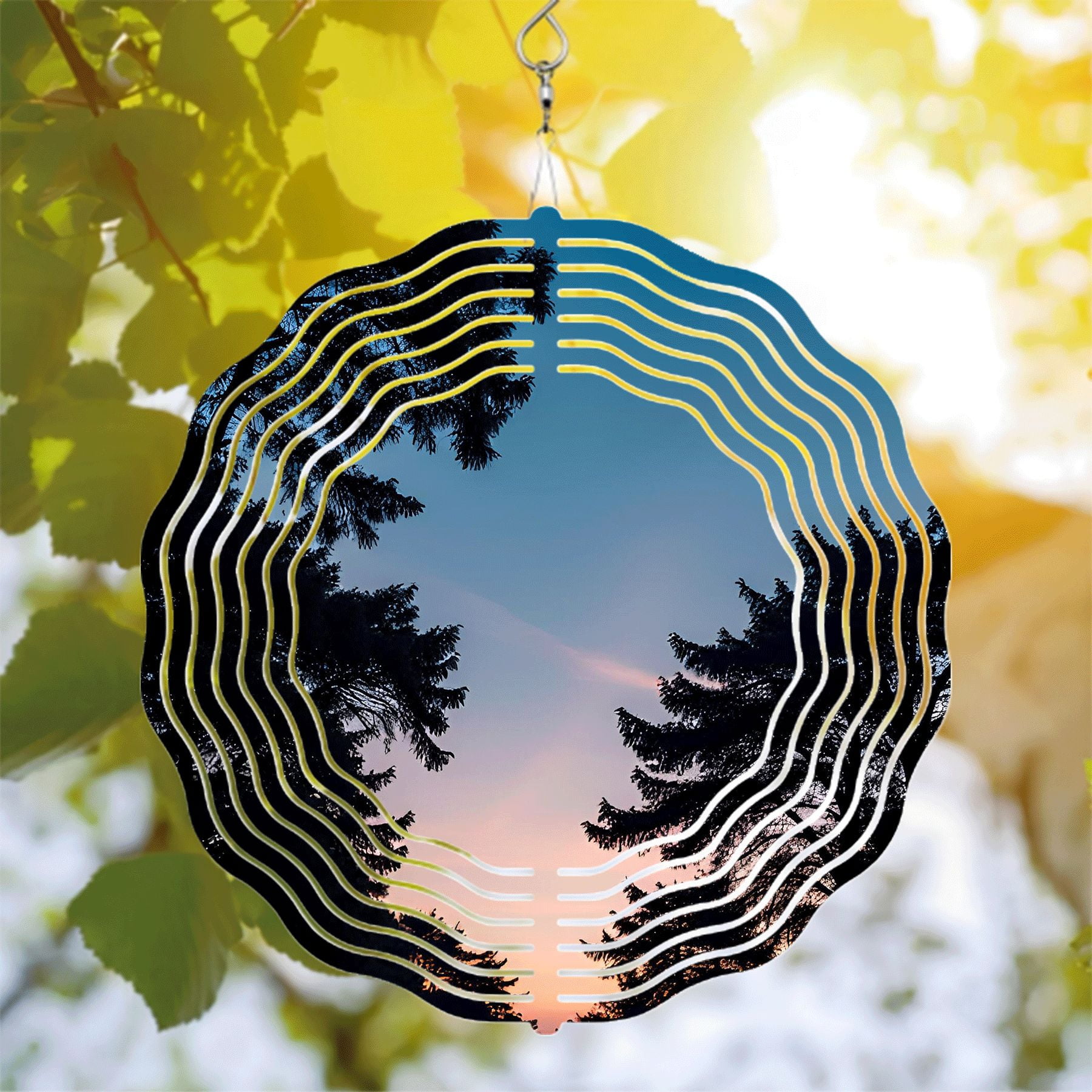 Metal Hanging Wind Spinners with Concentric White Lines & Pine Tree ...