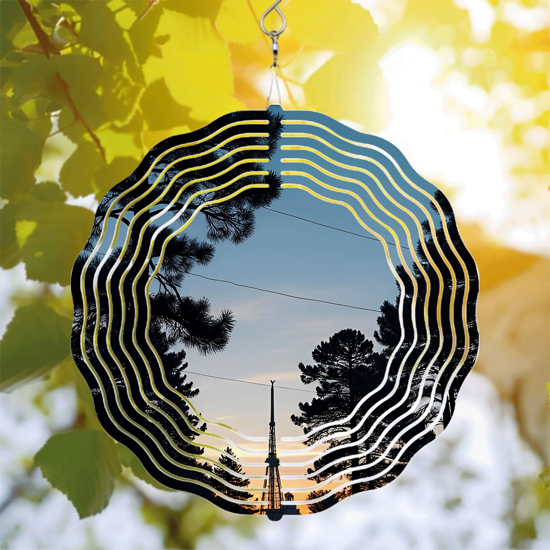 Metal Hanging Wind Spinners with Concentric White Lines & Serene Nature ...