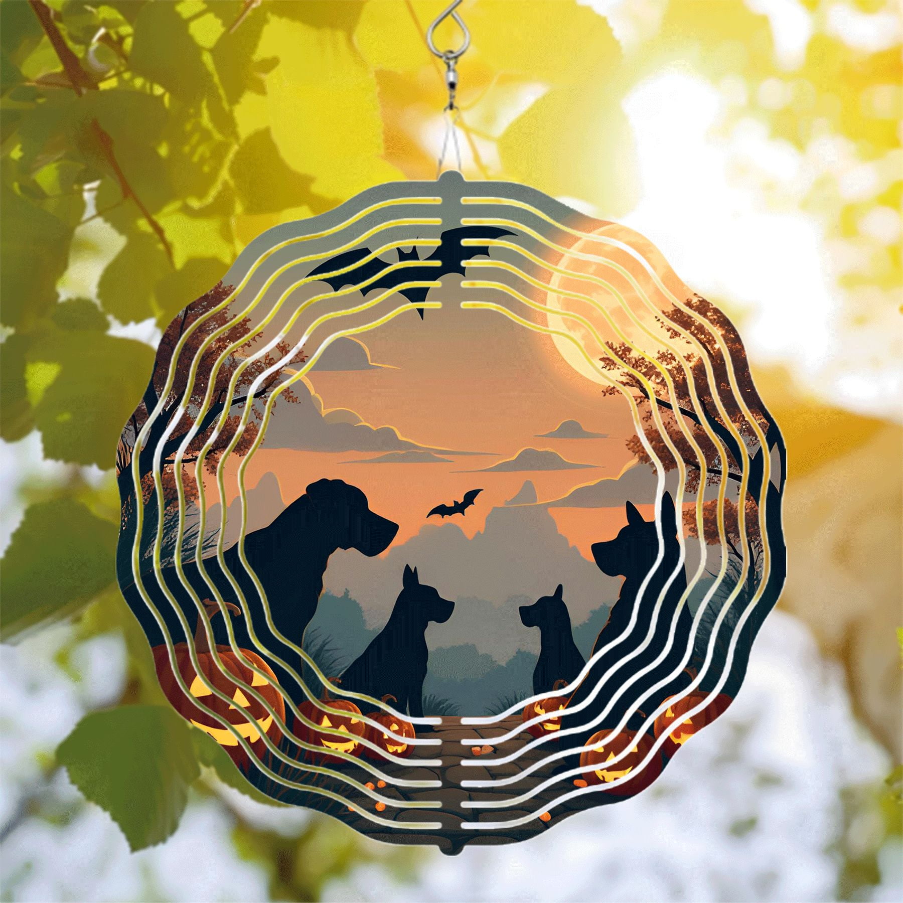 Metal Hanging Wind Spinners with Concentric White Lines & Silhouetted ...