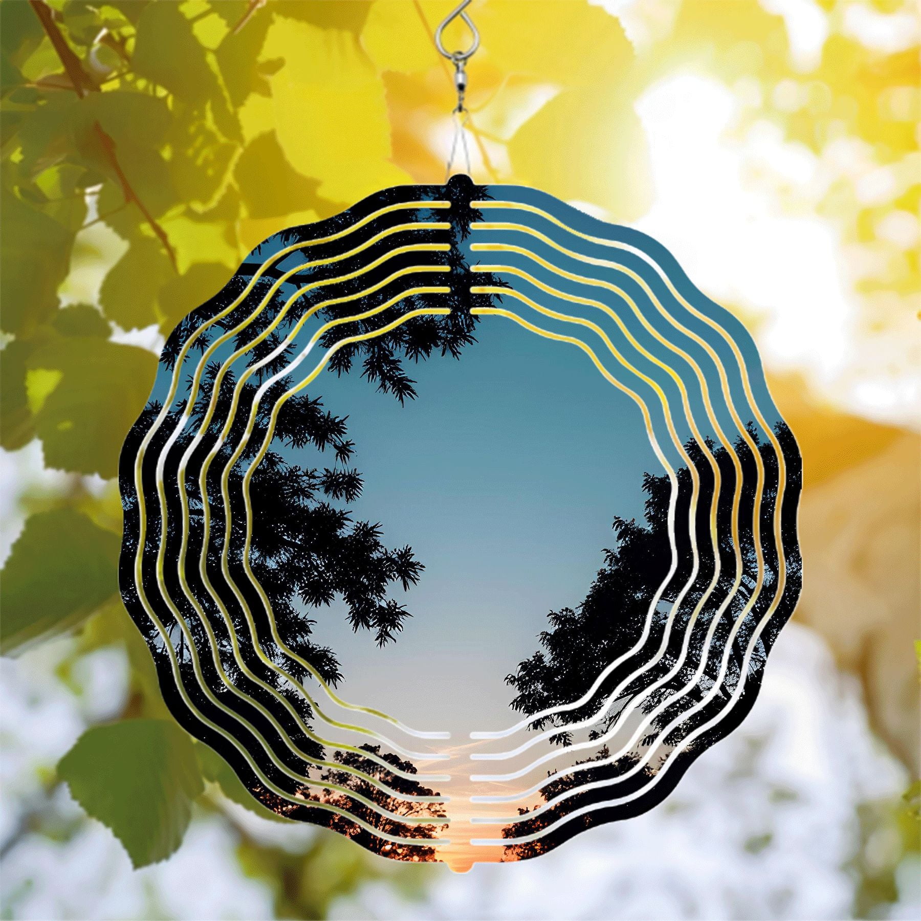 Metal Hanging Wind Spinners with Concentric White Lines & Silhouetted ...