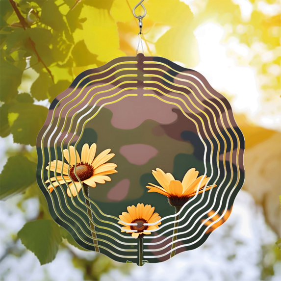 Metal Hanging Wind Spinners with Concentric White Lines & Yellow Flower ...
