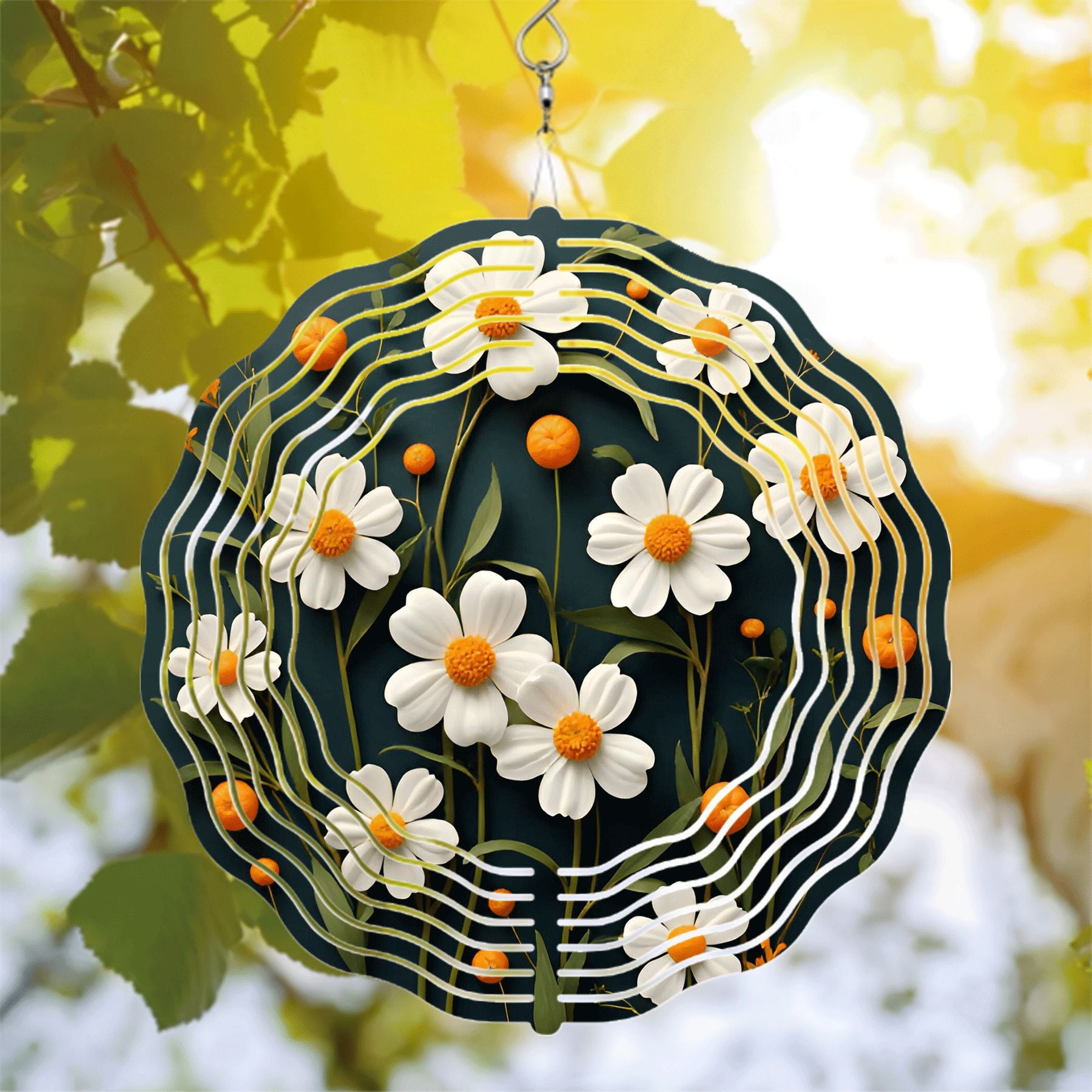 Metal Hanging Wind Spinners with Daisies & Concentric Lines - Striking ...