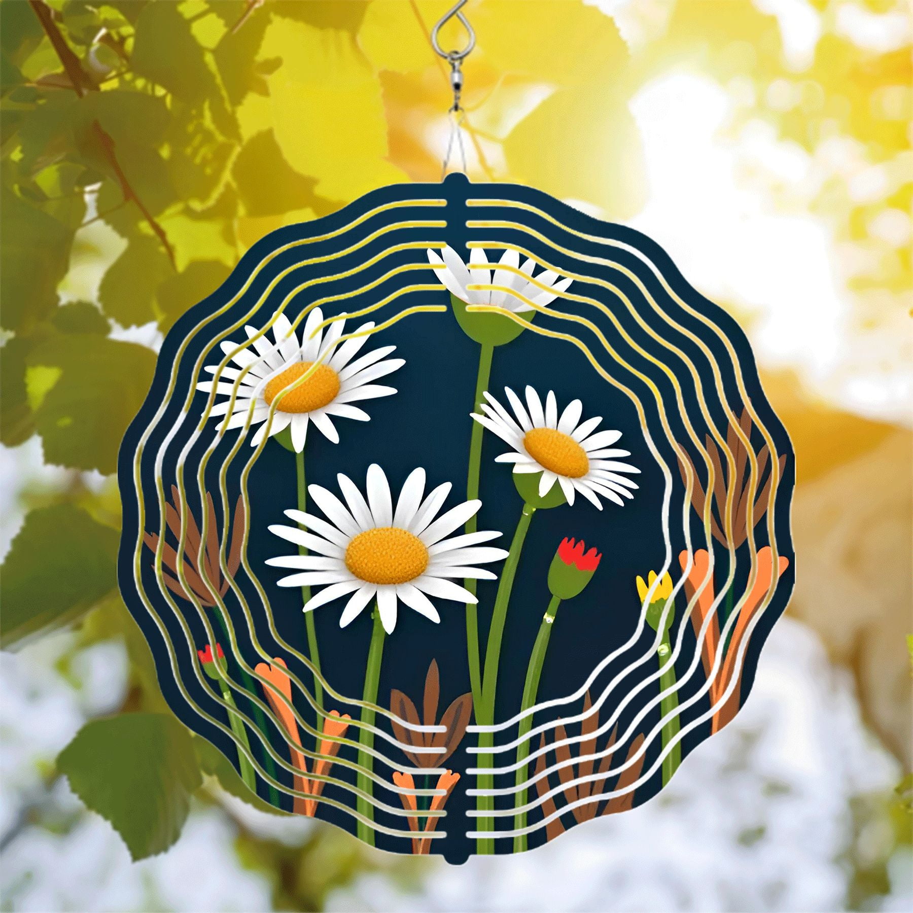 Metal Hanging Wind Spinners with Daisy Flower Design Vibrant Colors ...
