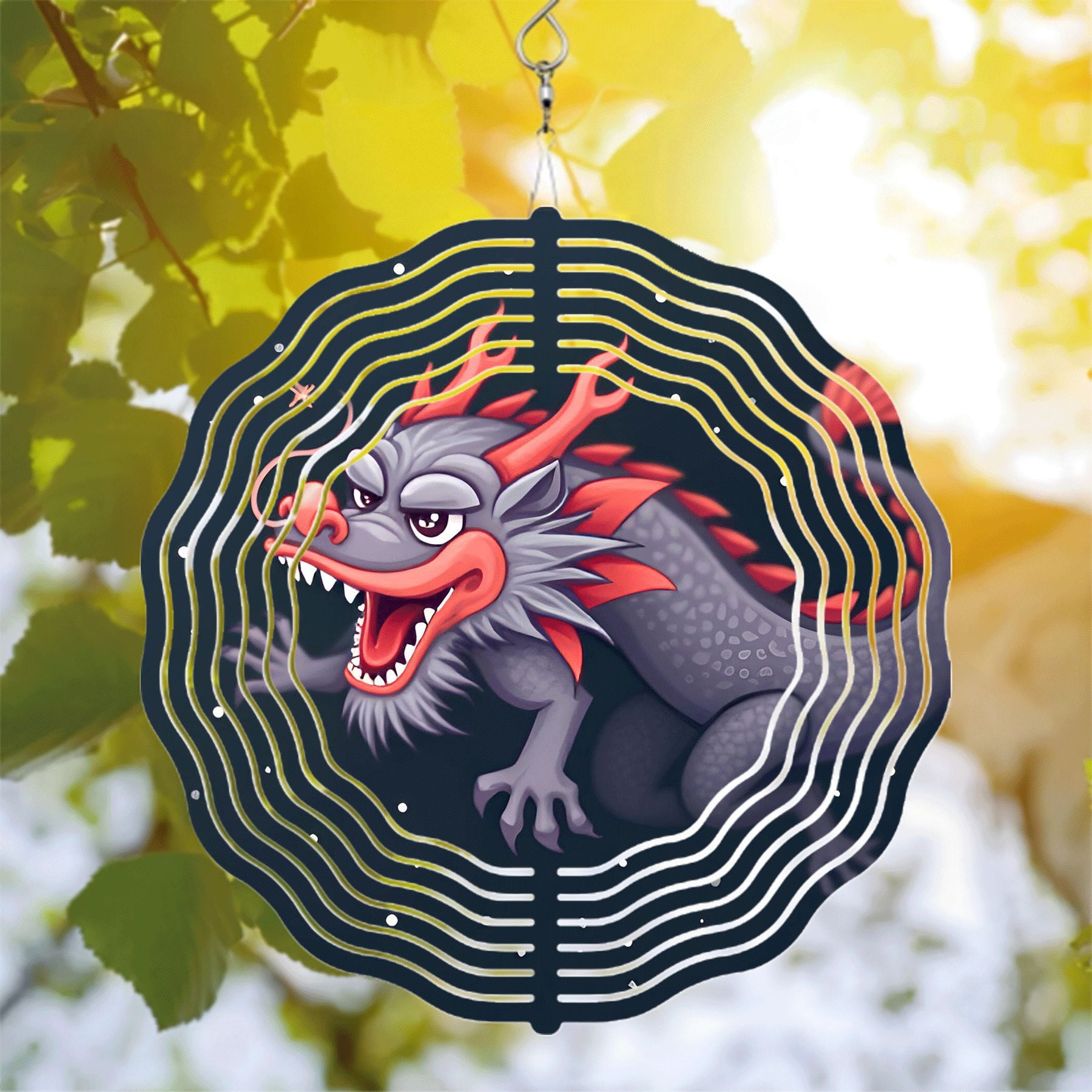 Metal Hanging Wind Spinners with Dragon Design - Fierce Gray Scales ...