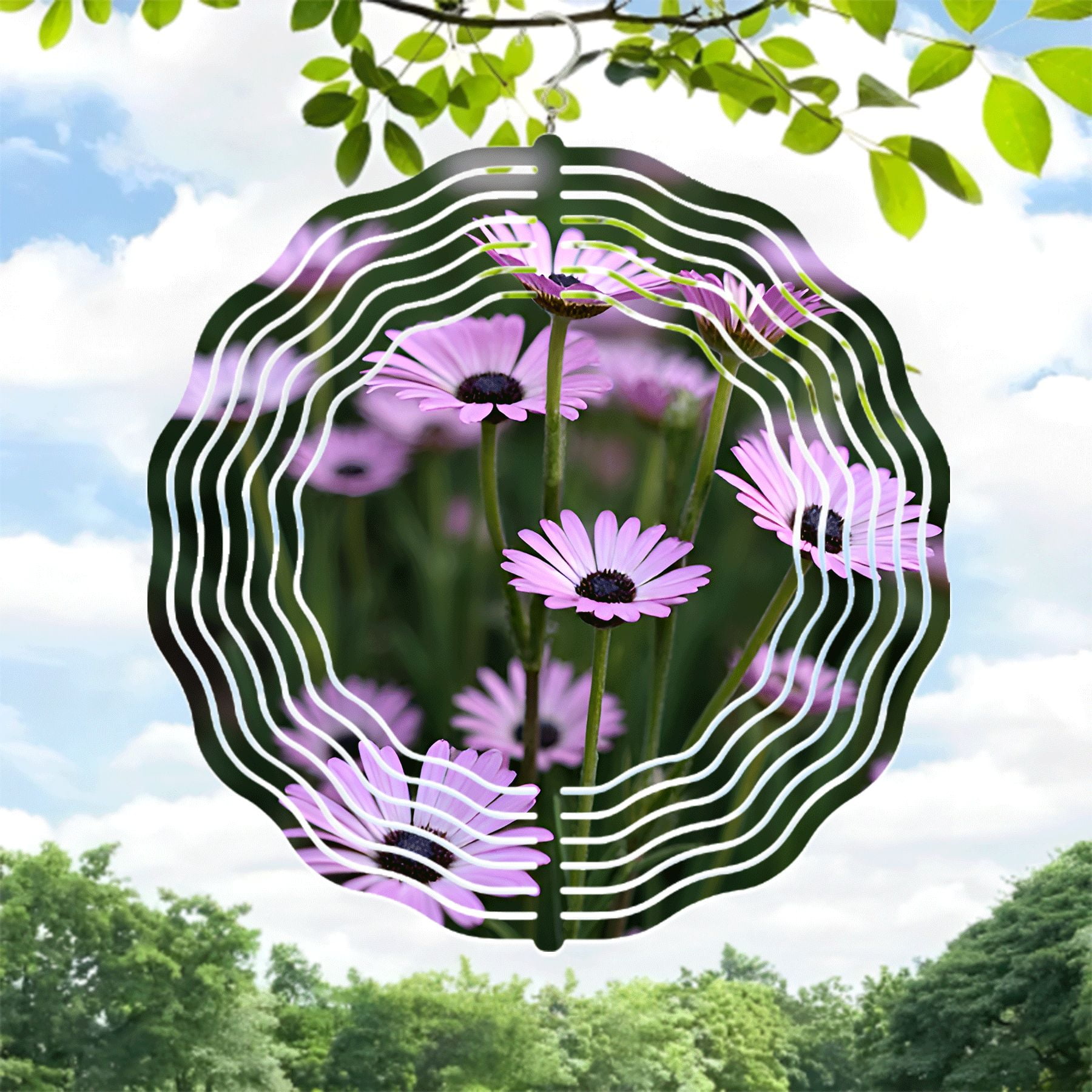 Metal Hanging Wind Spinners with Floral Design - Pink and White Flower ...