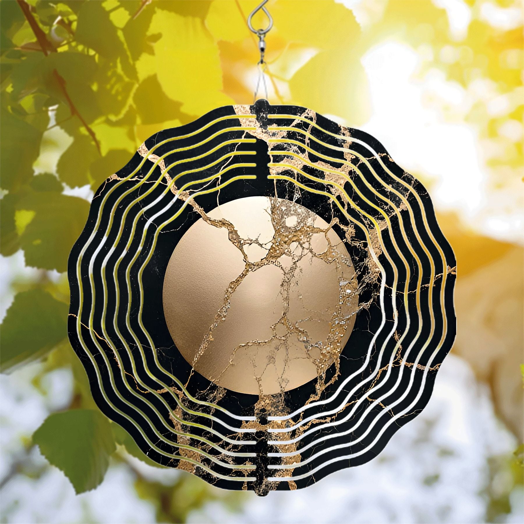 Metal Hanging Wind Spinners with Golden Sphere Center Black & White ...