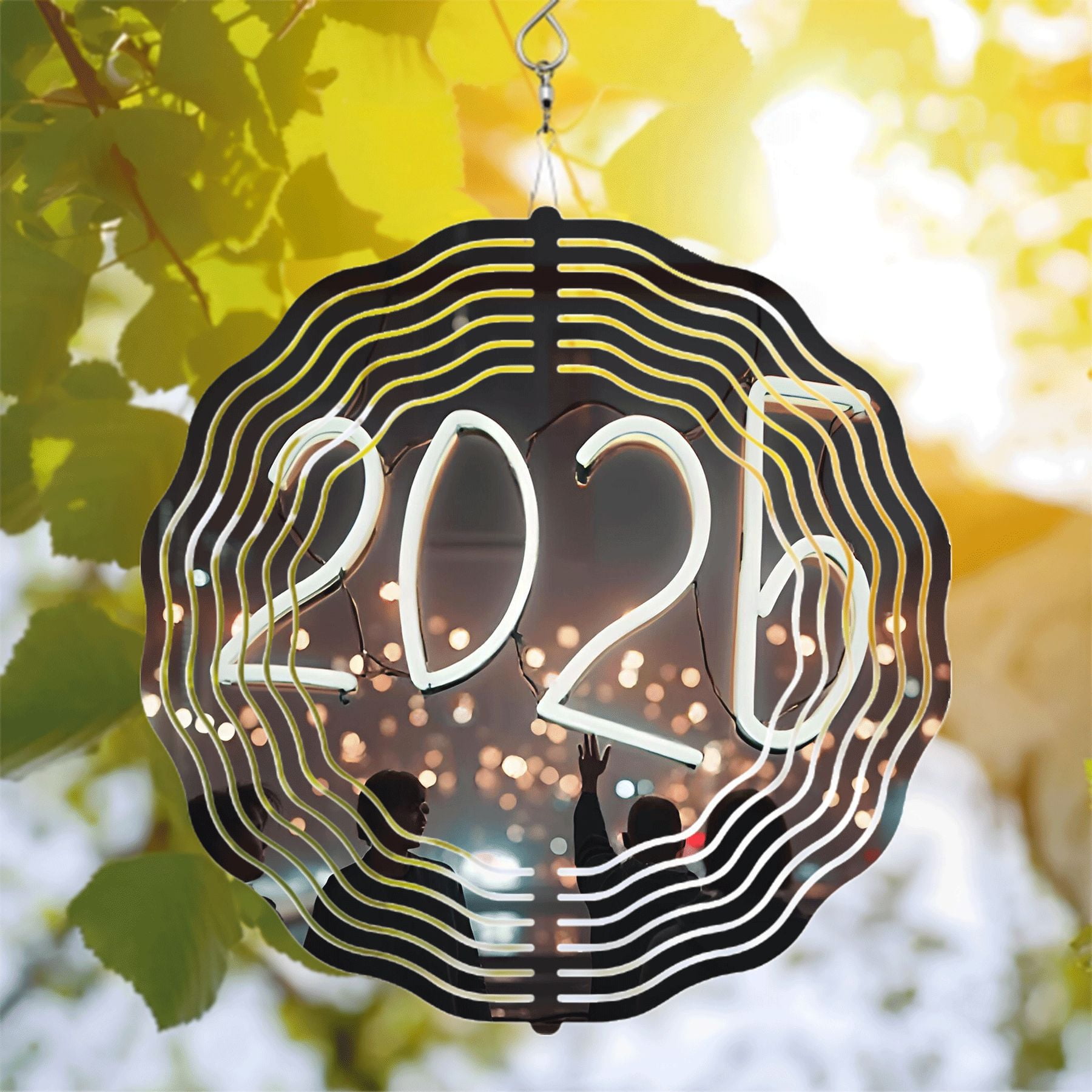 Metal Hanging Wind Spinners with Neon ' 2025 ' Design - Festive Bokeh ...