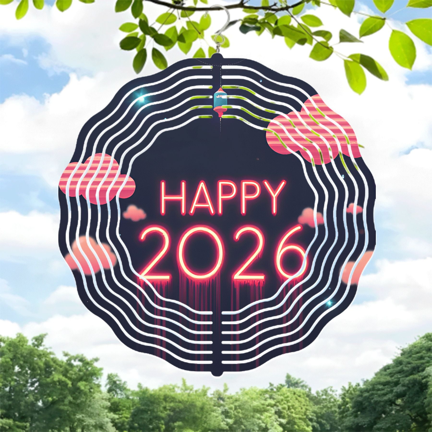 Metal Hanging Wind Spinners with Neon ' HAPPY 2026 ' Design Dripping ...
