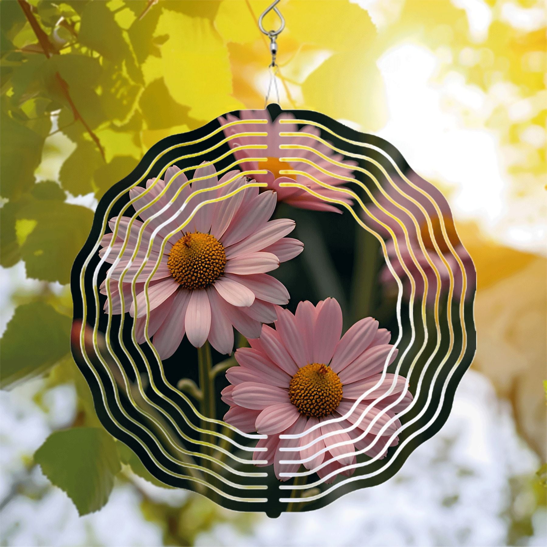 Metal Hanging Wind Spinners with Pink Flower Design & Wave - Like White ...