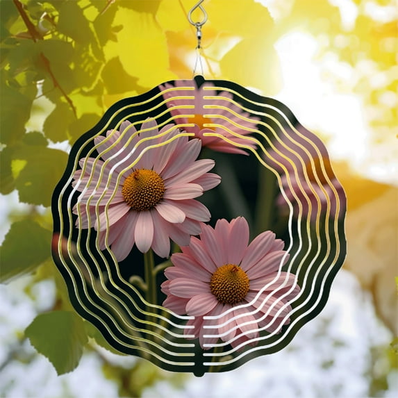 Metal Hanging Wind Spinners with Pink Flower Design & Wave - Like White ...