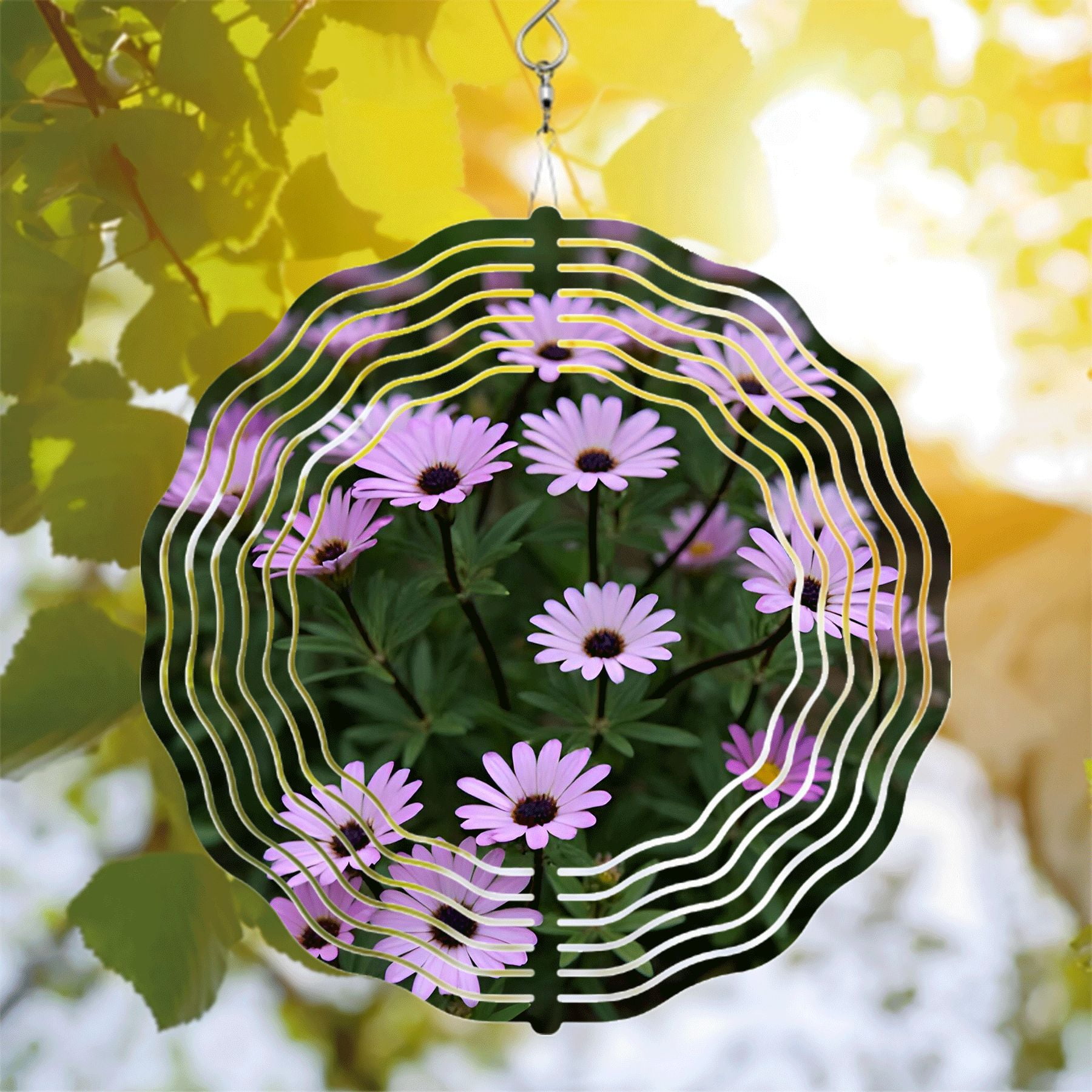 Metal Hanging Wind Spinners with Purple Flower Design and White Wave ...