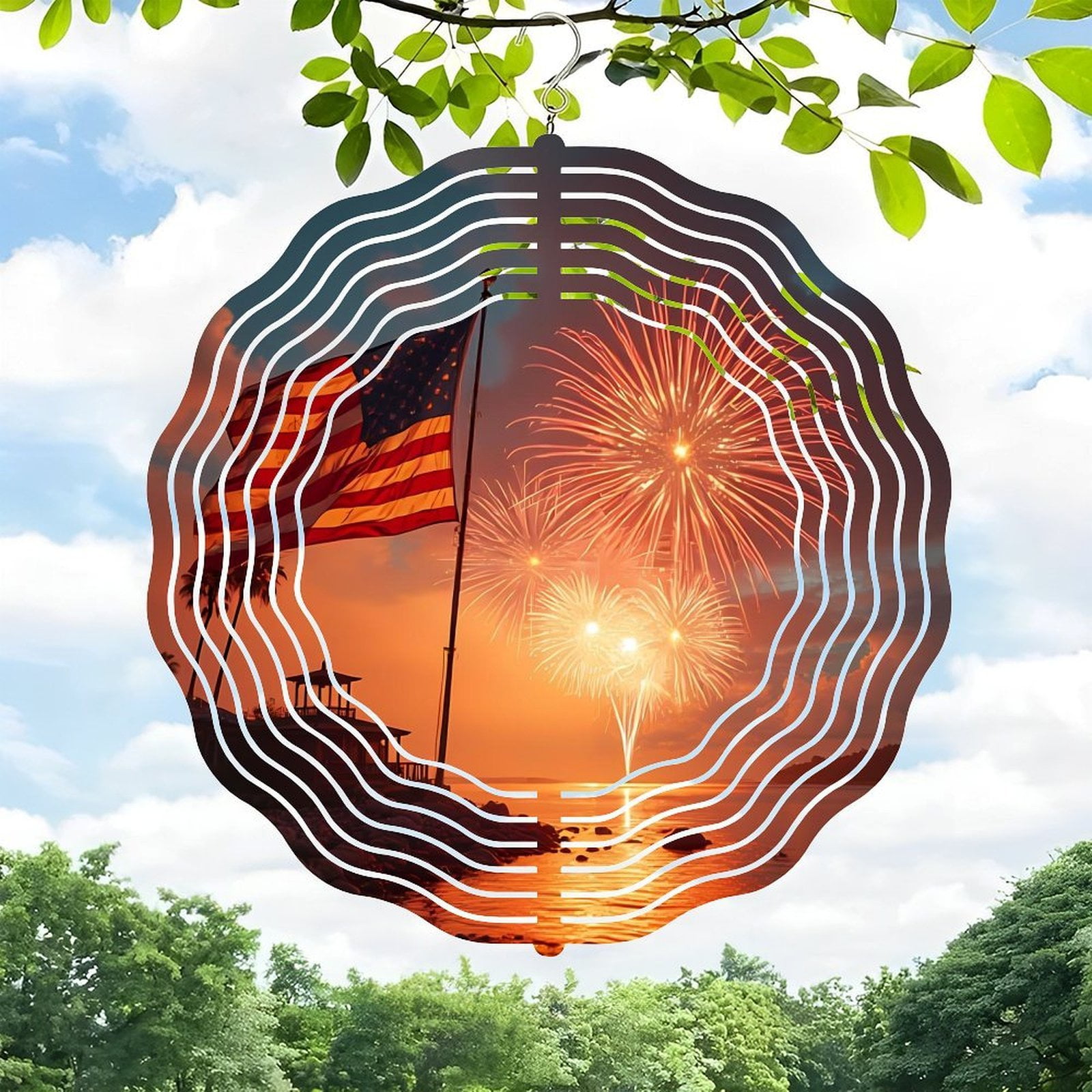 Metal Hanging Wind Spinners with Wavy Fence Design - American Flag ...