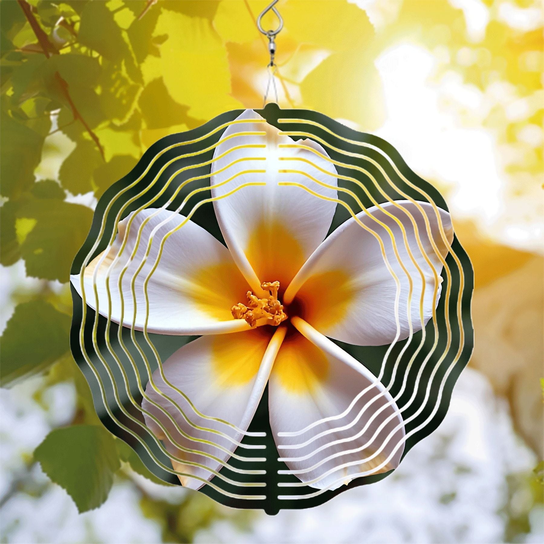 Metal Hanging Wind Spinners with Wavy Line Design and White Flower ...