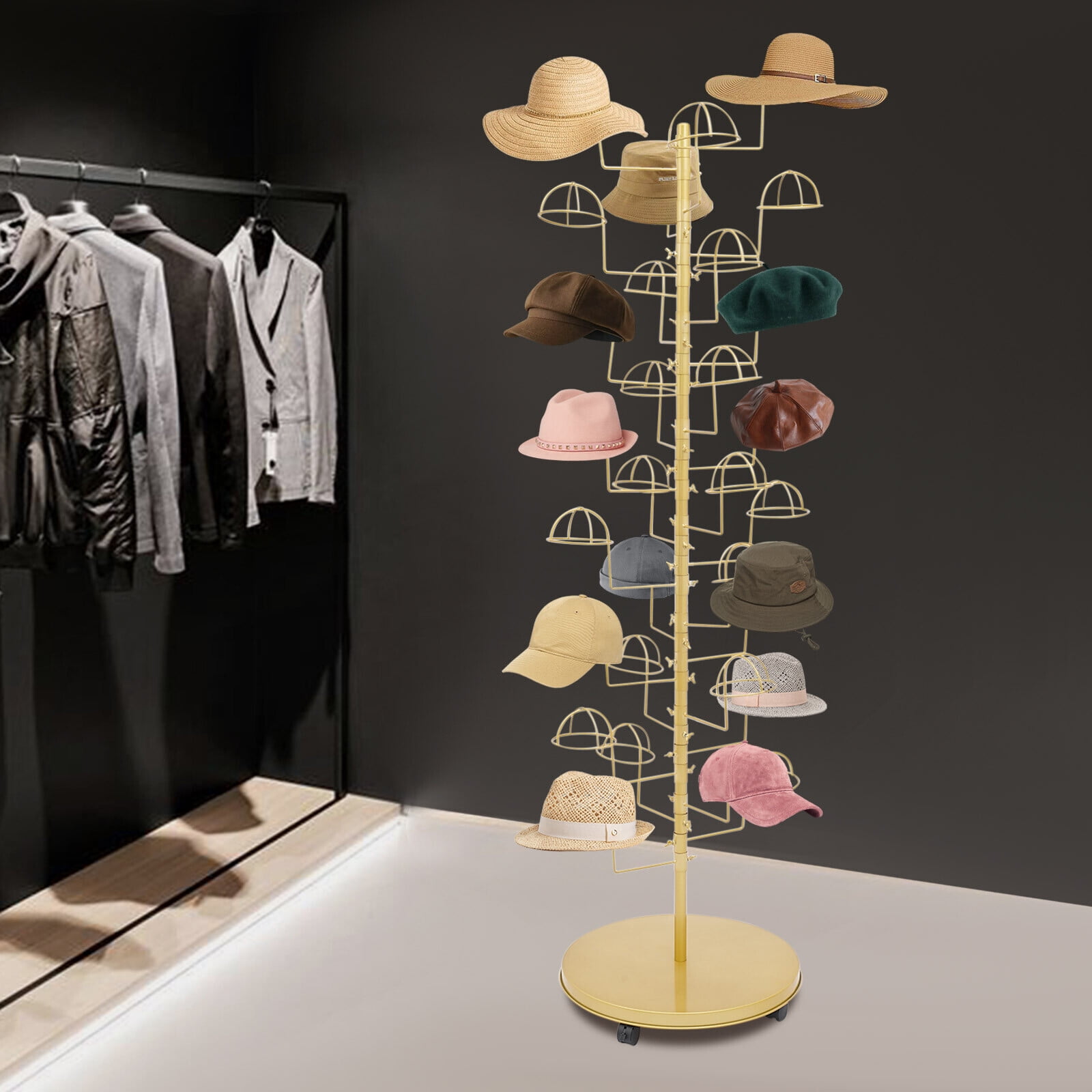 Metal Hats Display Stand Hat Storage Stand w/ 30 Hooks Freestanding Hat ...