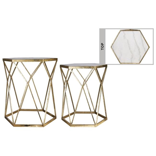 Metal Hexagon Table with Marble Top Surface, Diamond Curved Design Body ...