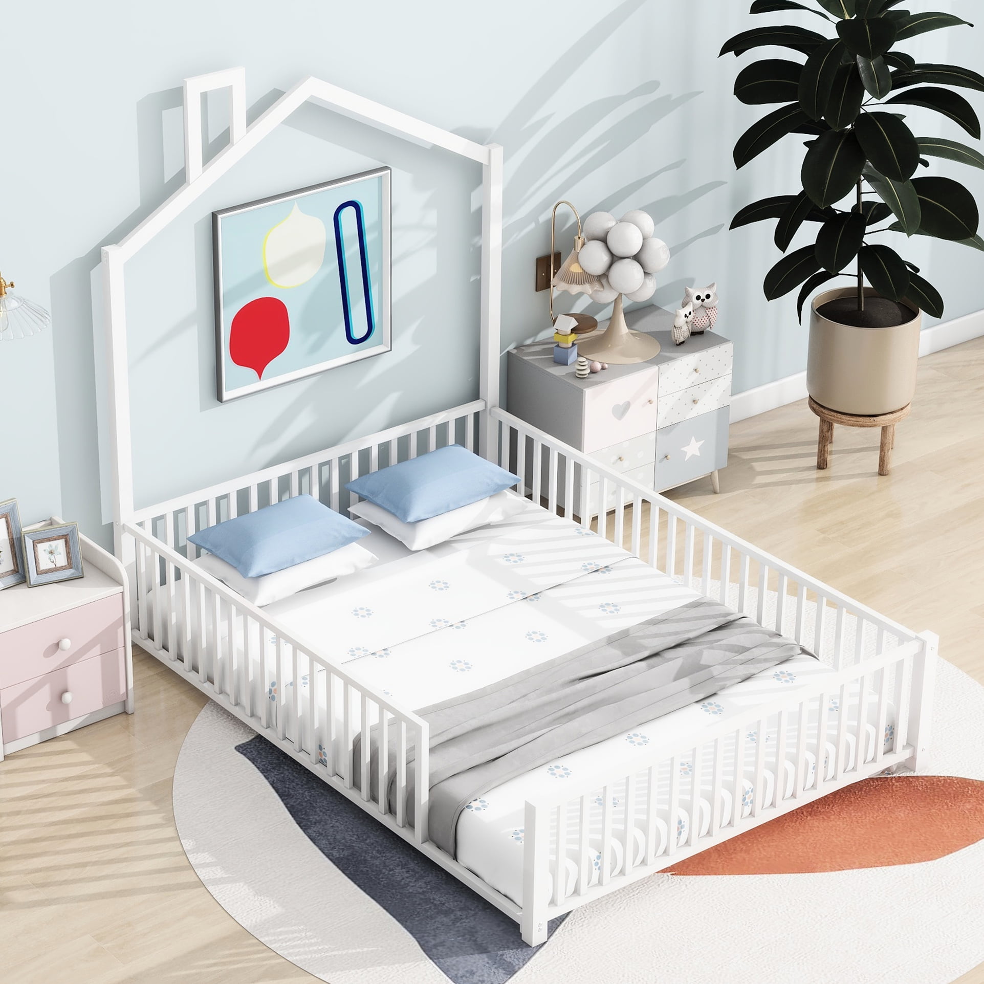 Metal House Bed With Guardrail And Chimney, White Full Size - Admired ...