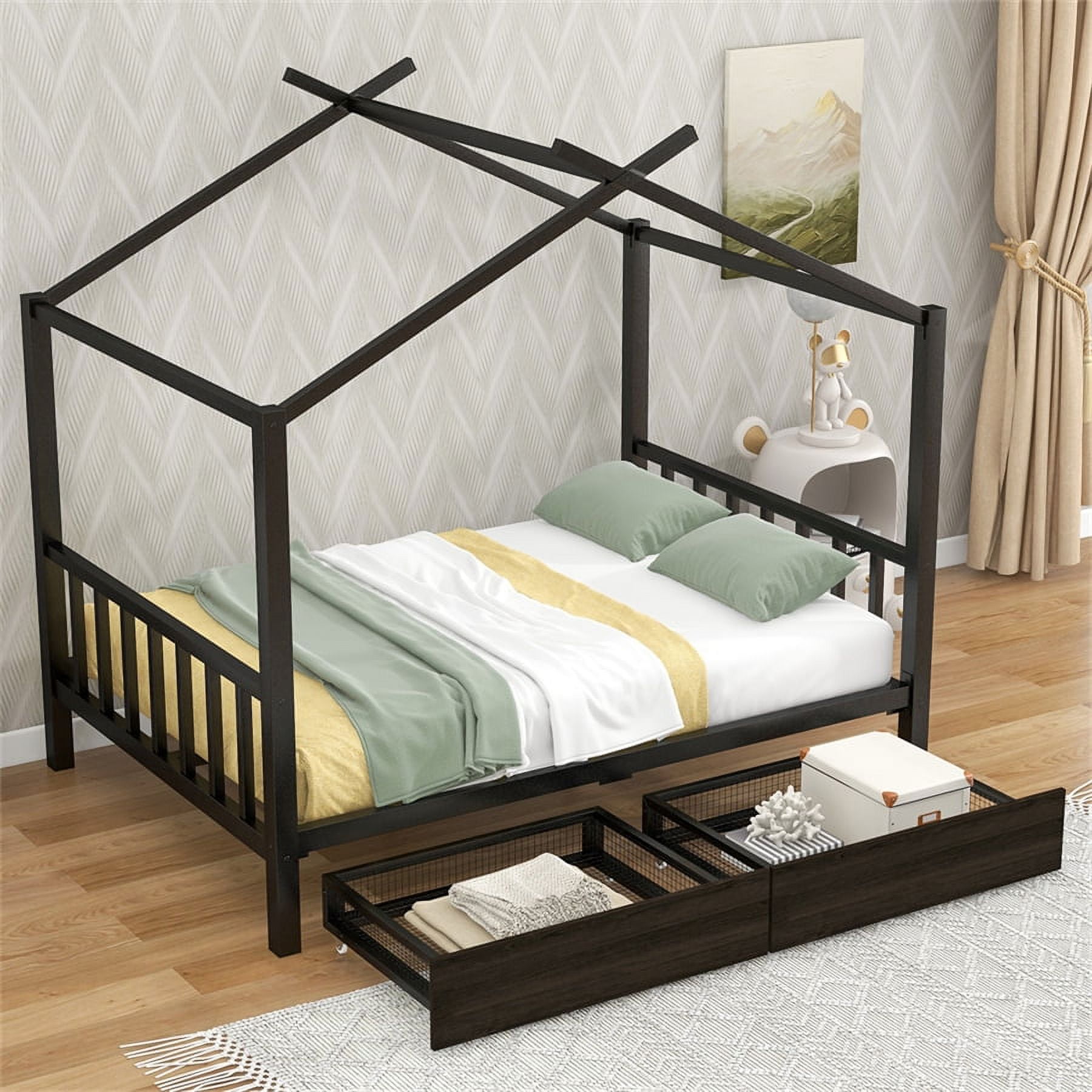 Metal House Platform Bed with Two Drawers, Full Size House Bed Canopy ...