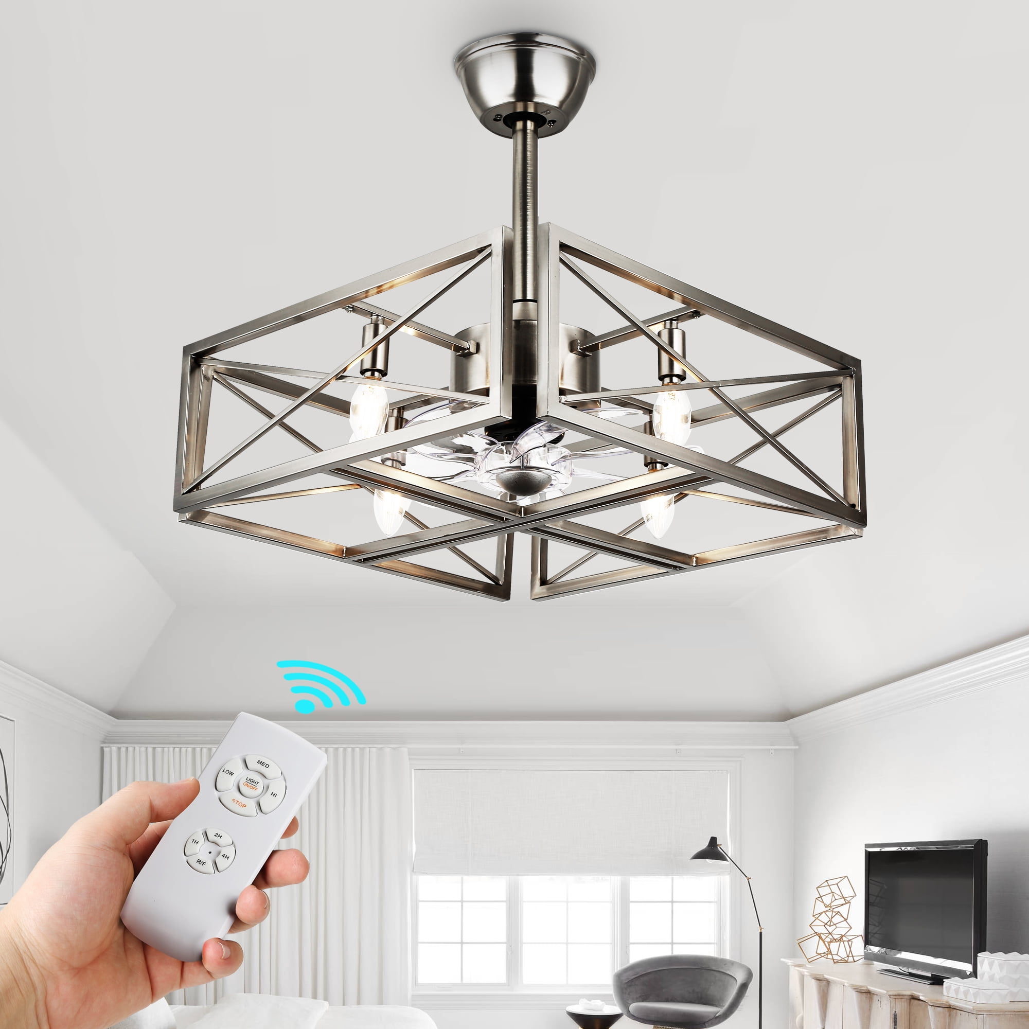 Metal Industrial Reversible Ceiling Fan with Dimmable Light, 3-Speed ...