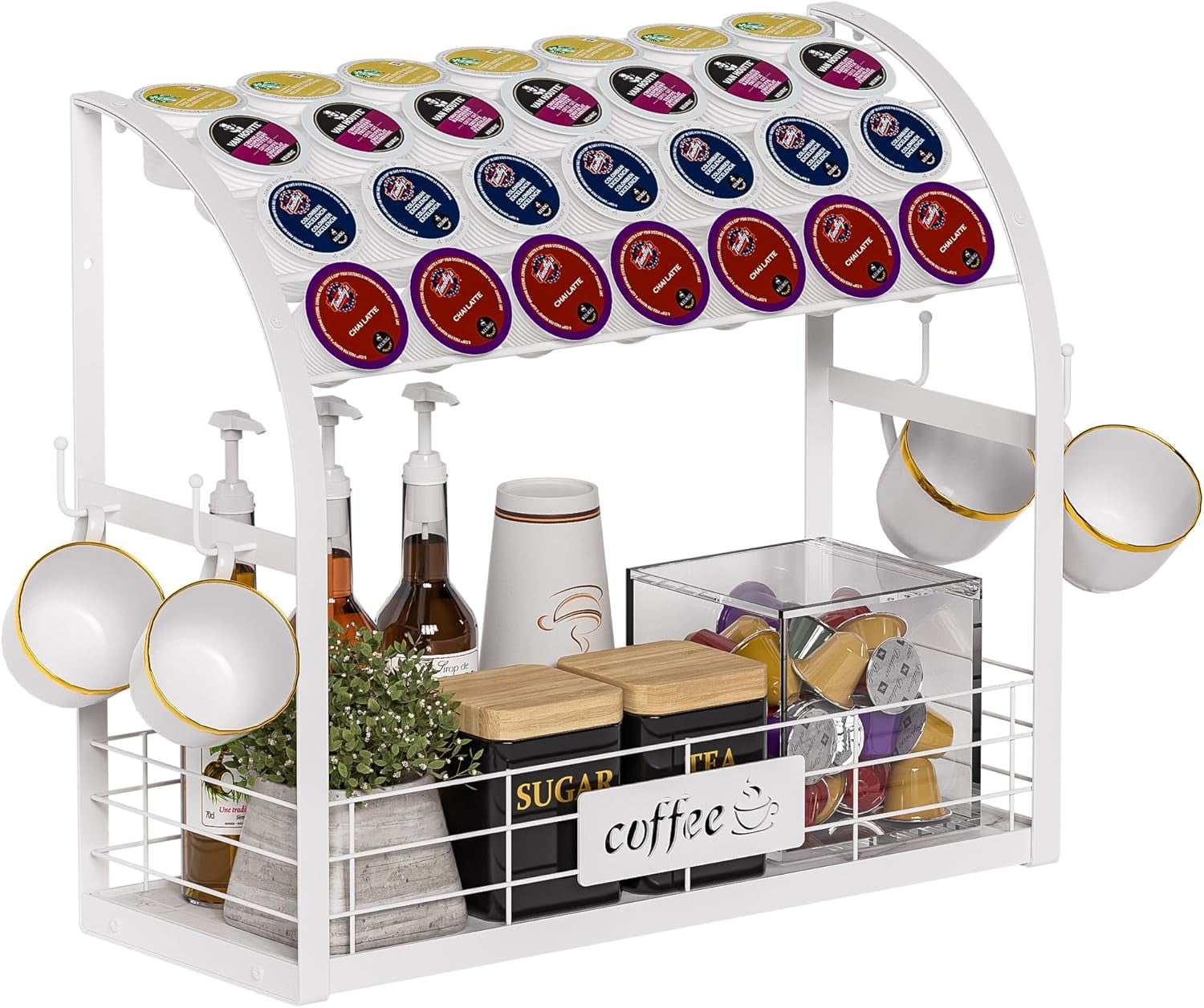 Metal K Cup Holder, 2 Tier Coffee Bar Organizer with 4 Coffee Mug Hooks ...