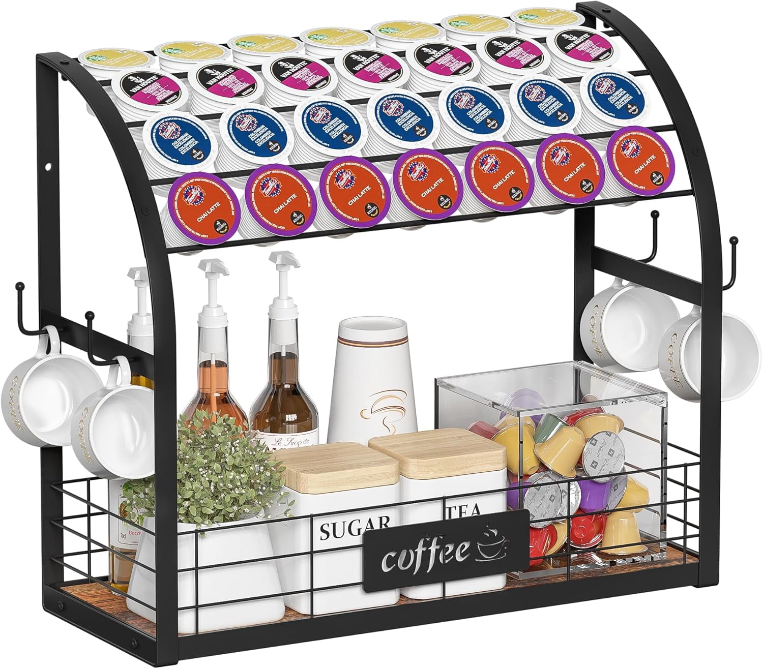 Metal K Cup Holder, 2 Tier Coffee Bar Organizer with 4 Coffee Mug Hooks ...