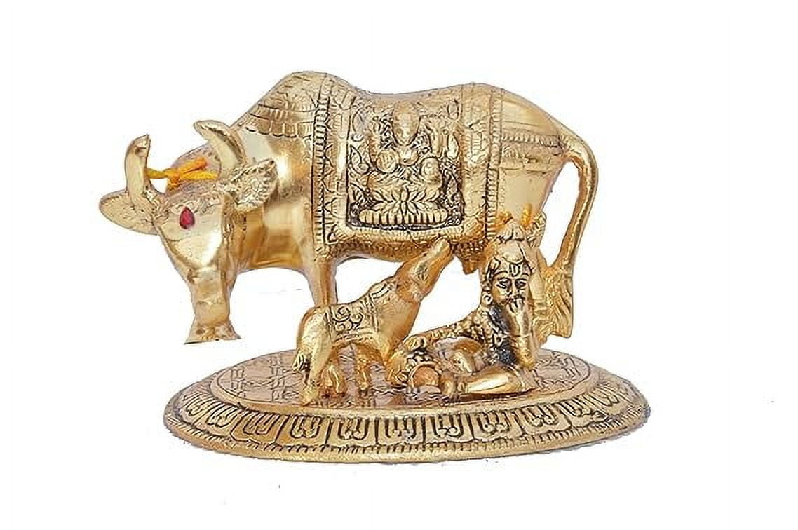 Metal Kamdhenu Cow with Calf Statue for Good Luck Spiritual Showpiece ...