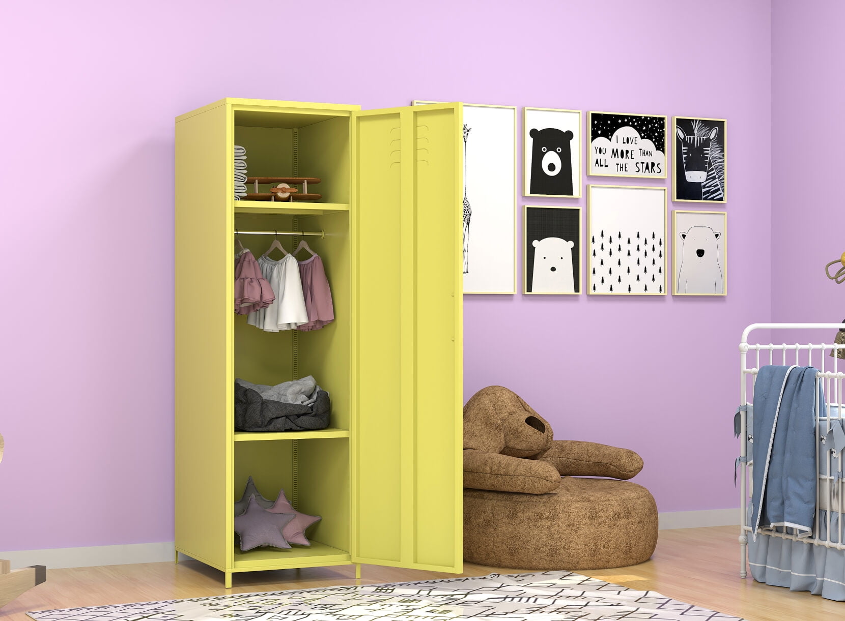 Metal Kid Locker with 1 Door, Three Tier Children Wardrobe with Hanging ...
