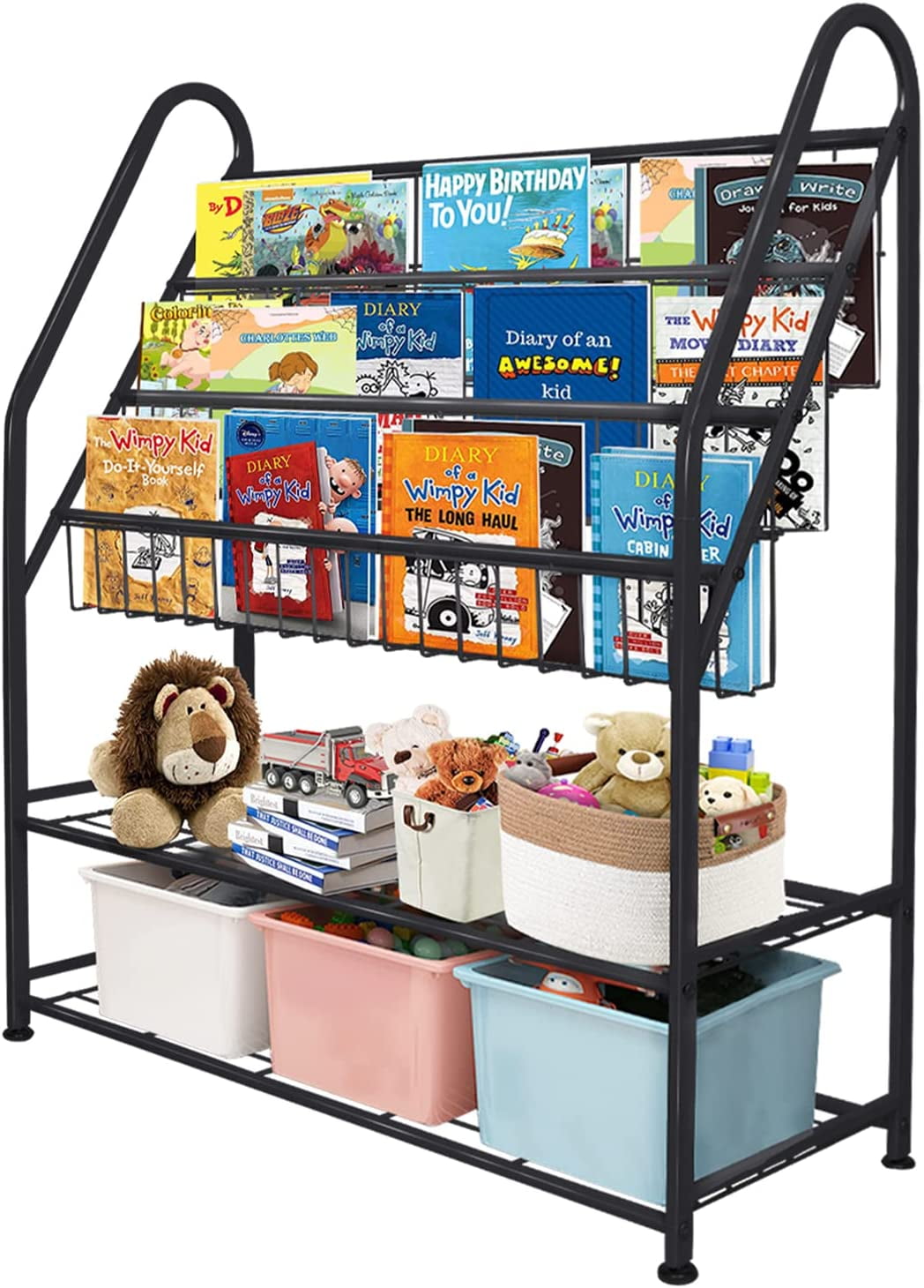 Large Black Metal Kids Bookshelf, Freestanding Toy Organizer and ...