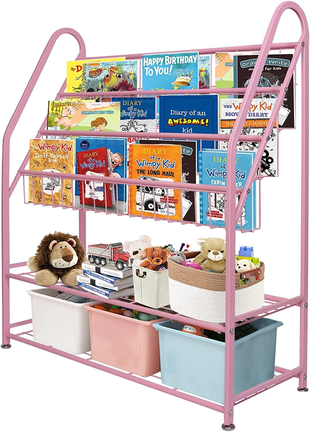 Metal Kids Bookshelf Pink Bookcase Freestanding for Children Girls Room ...