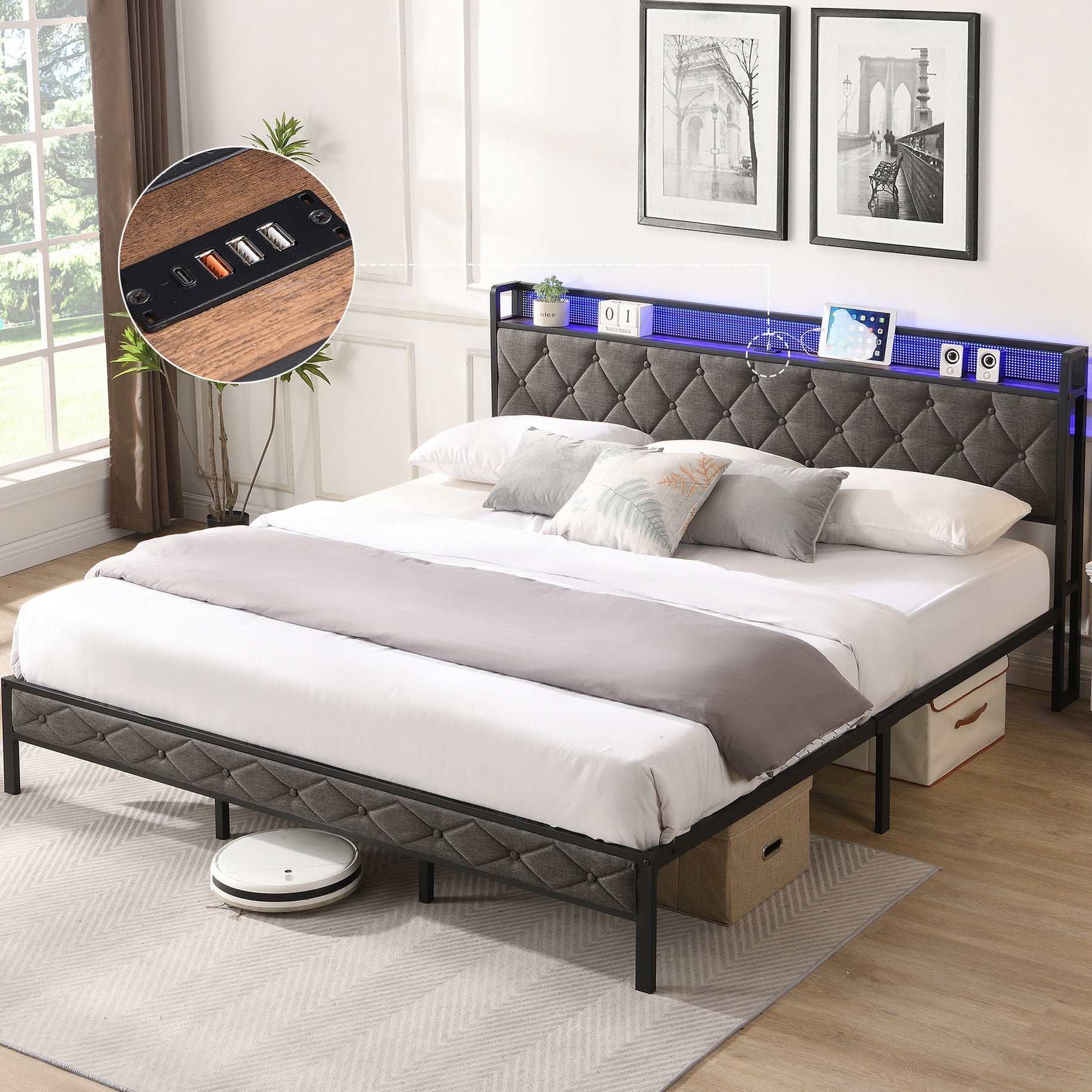 Metal King Bed Frame with Headboard Storage | Bedroom Fixture for ...