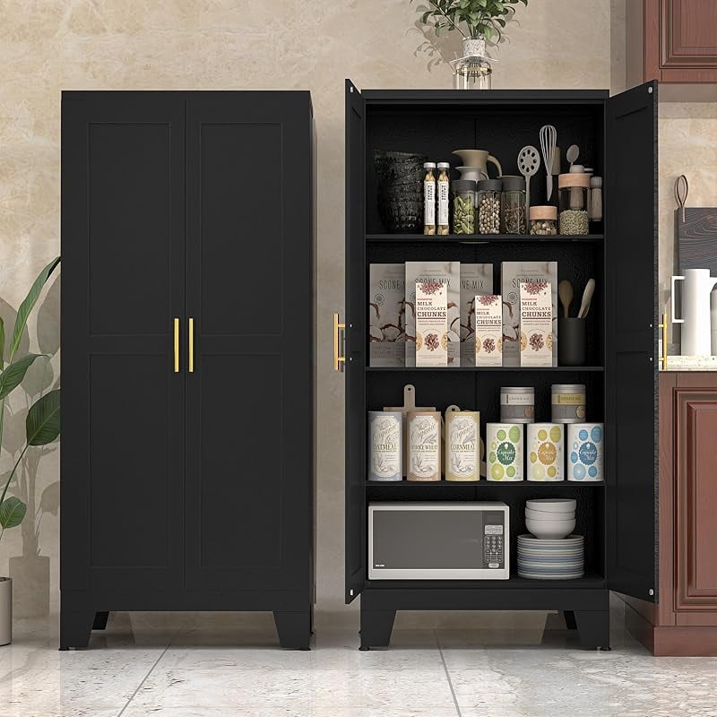 Metal Kitchen Pantry Storage Cabinet with 2 Doors and 3 Adjustable ...