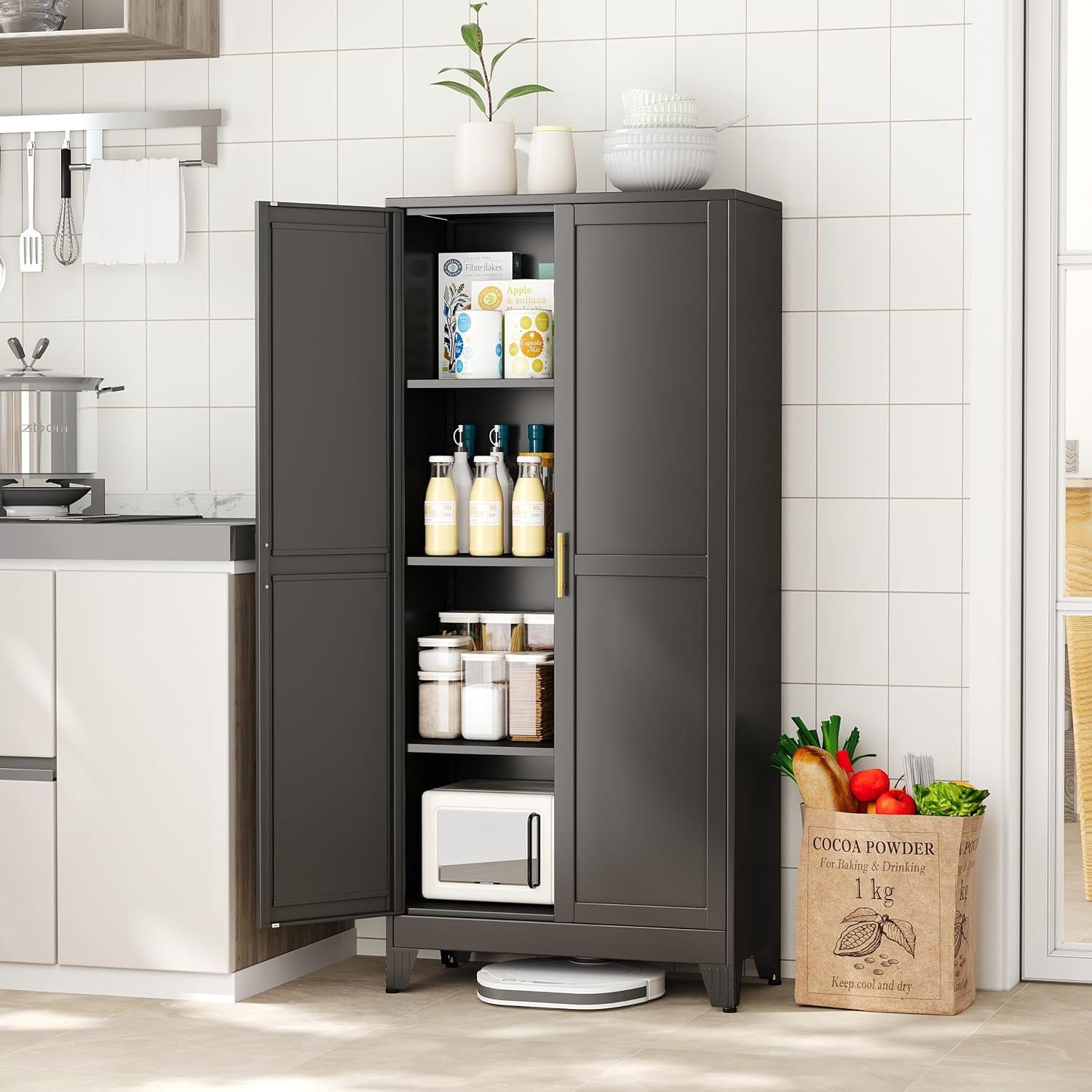 Metal Kitchen Pantry Storage Cabinet with 2 Doors and 3 Adjustable ...