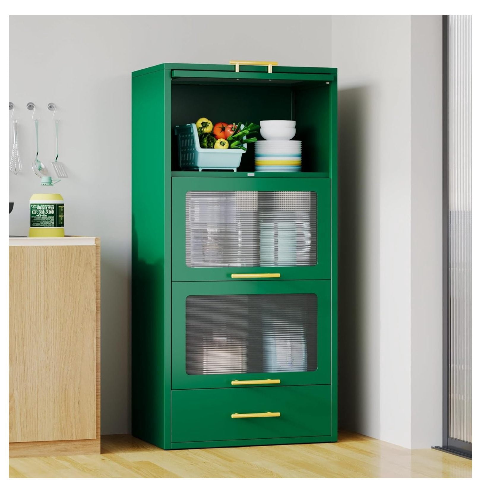 Metal Kitchen Storage Cabinet, 3-Tier Microwave Stand with Drawers ...