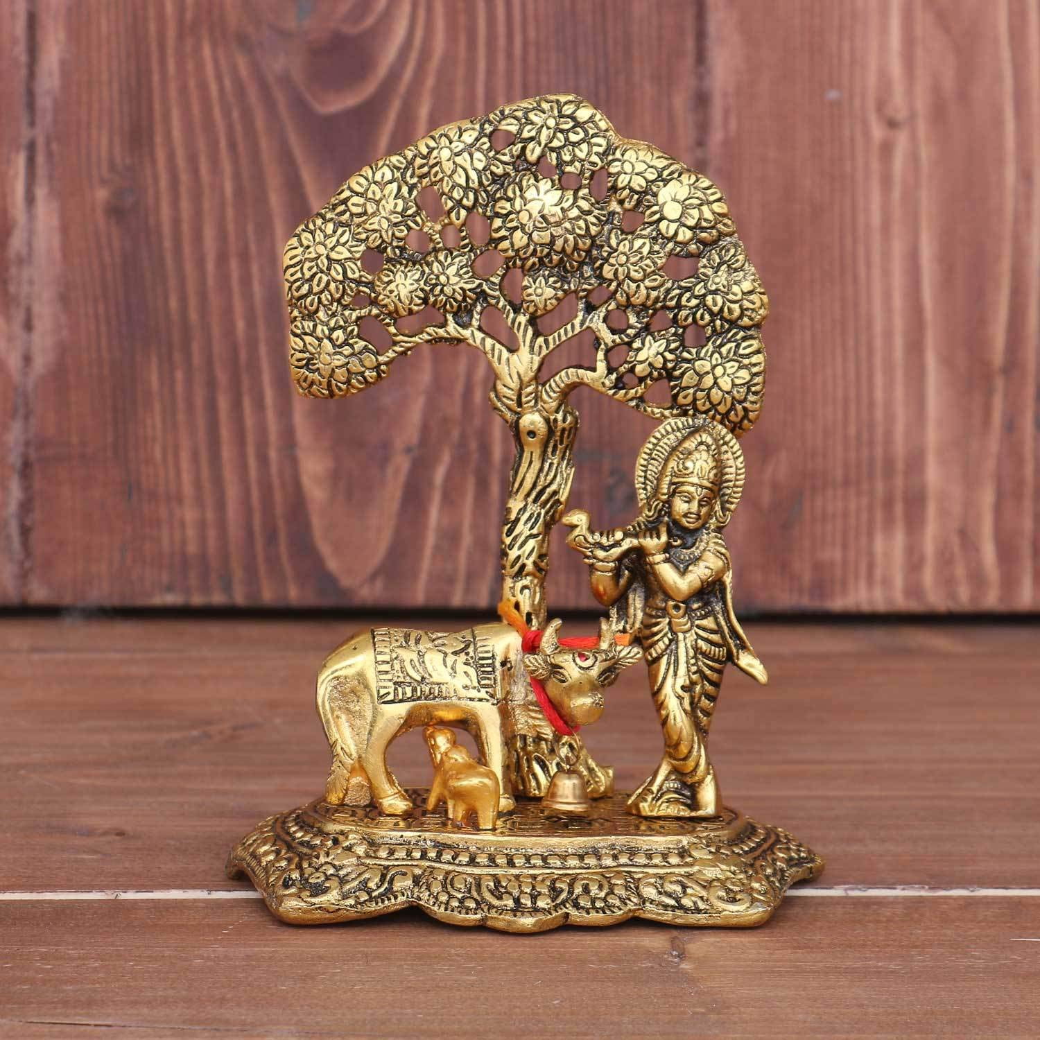 Gvalue Metal Krishna with Cow Standing Under Tree Plying Flute Figurine ...