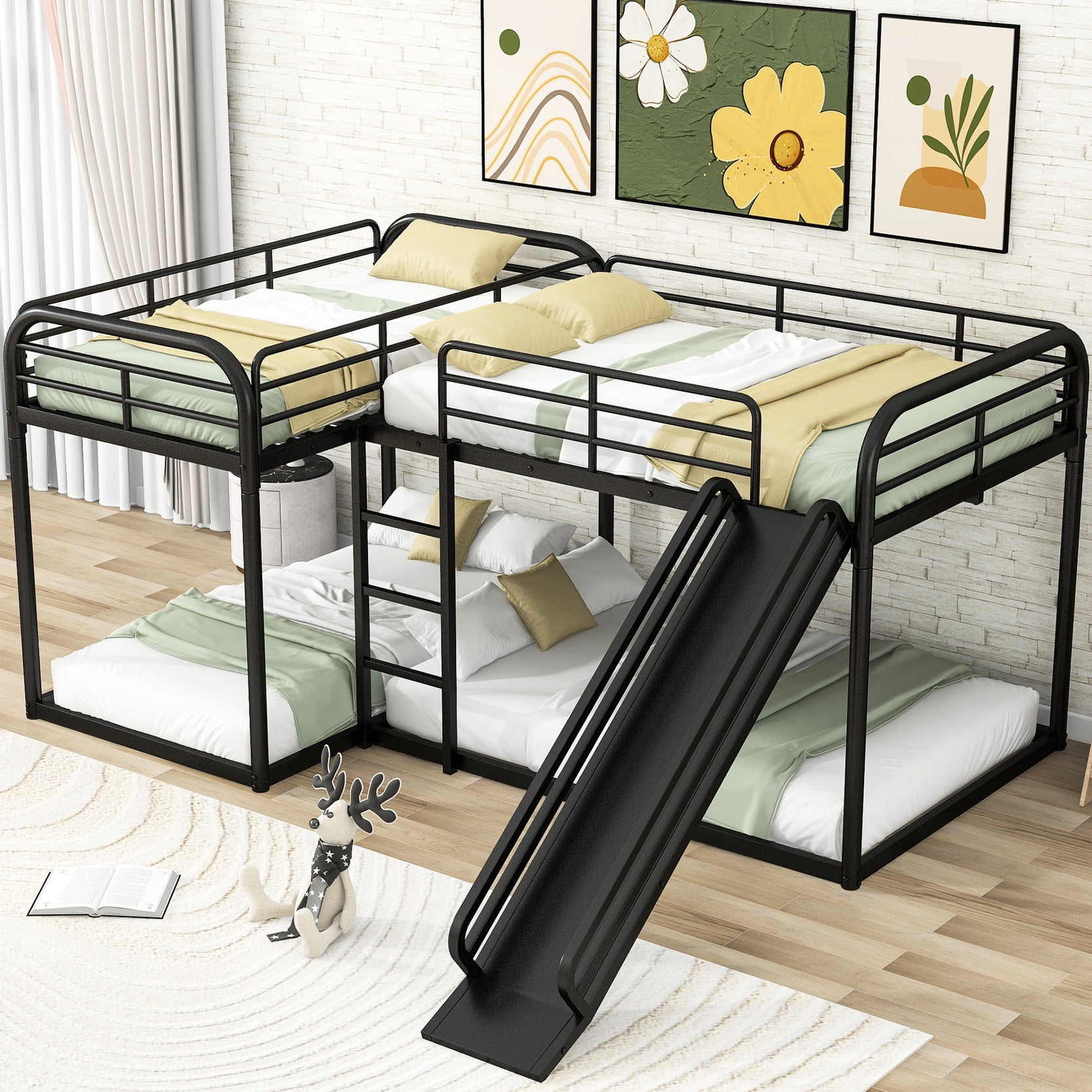 Metal L-Shaped Bunk Bed with Guardrail / Ensures Safe Sleep on Upper ...