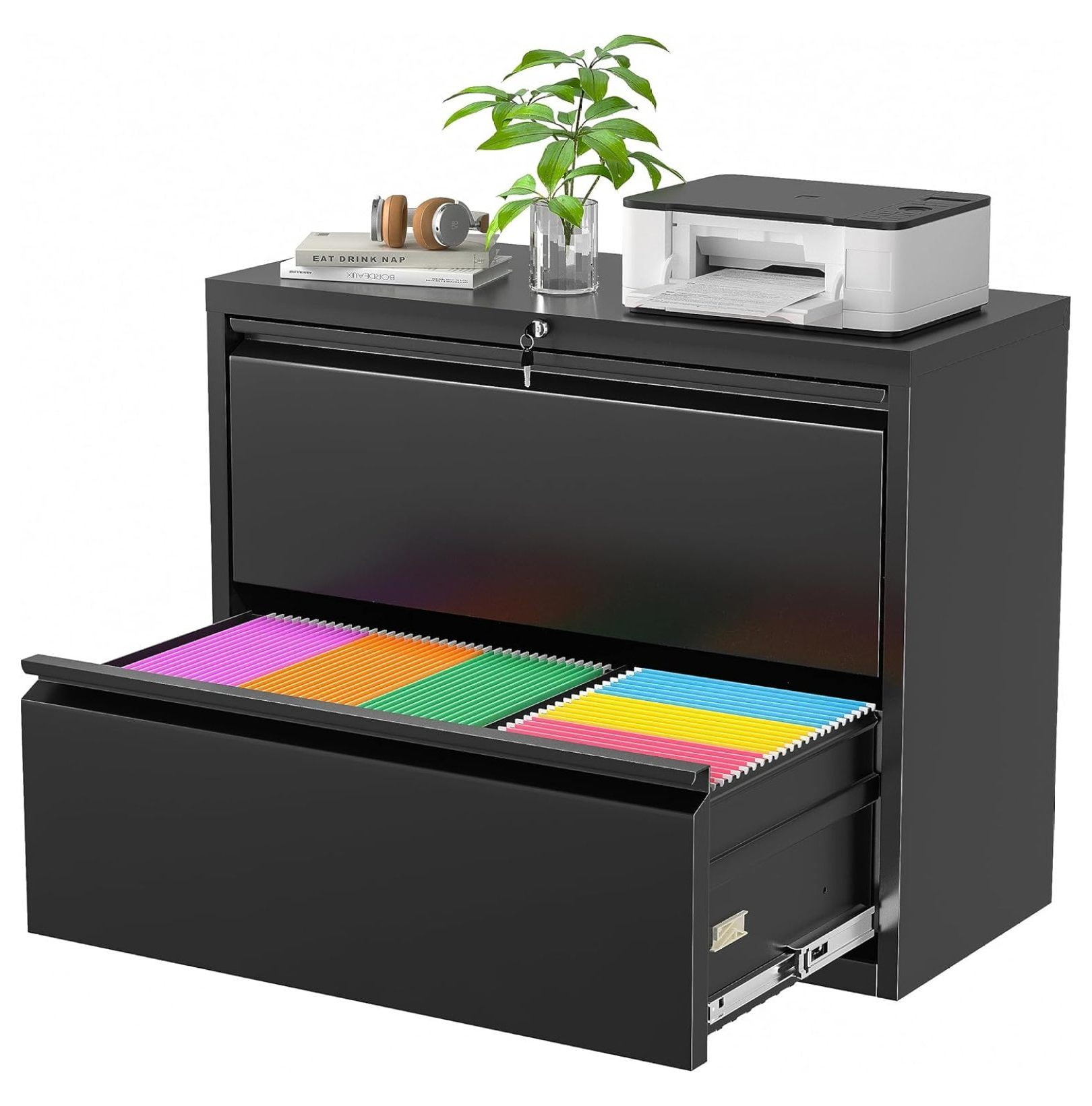 Metal Lateral File Cabinet with Lock, 2 Drawer File Cabinet, Black ...