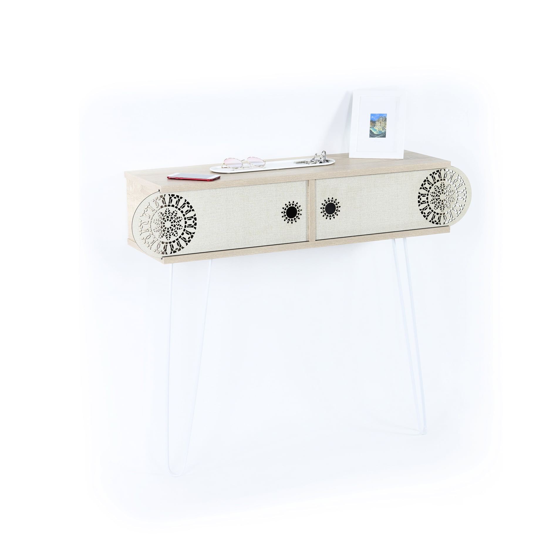 Metal Legs Console Table 2 Tier, Plain Oak Wood, 41.87 In. D X 32.95 W ...