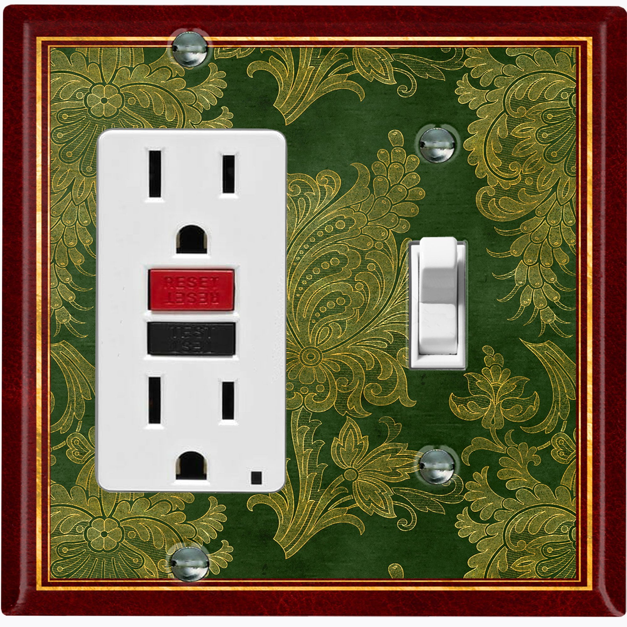 Metal Light Switch Plate Cover Elegant Green Floral Damask Maroon Frame ...