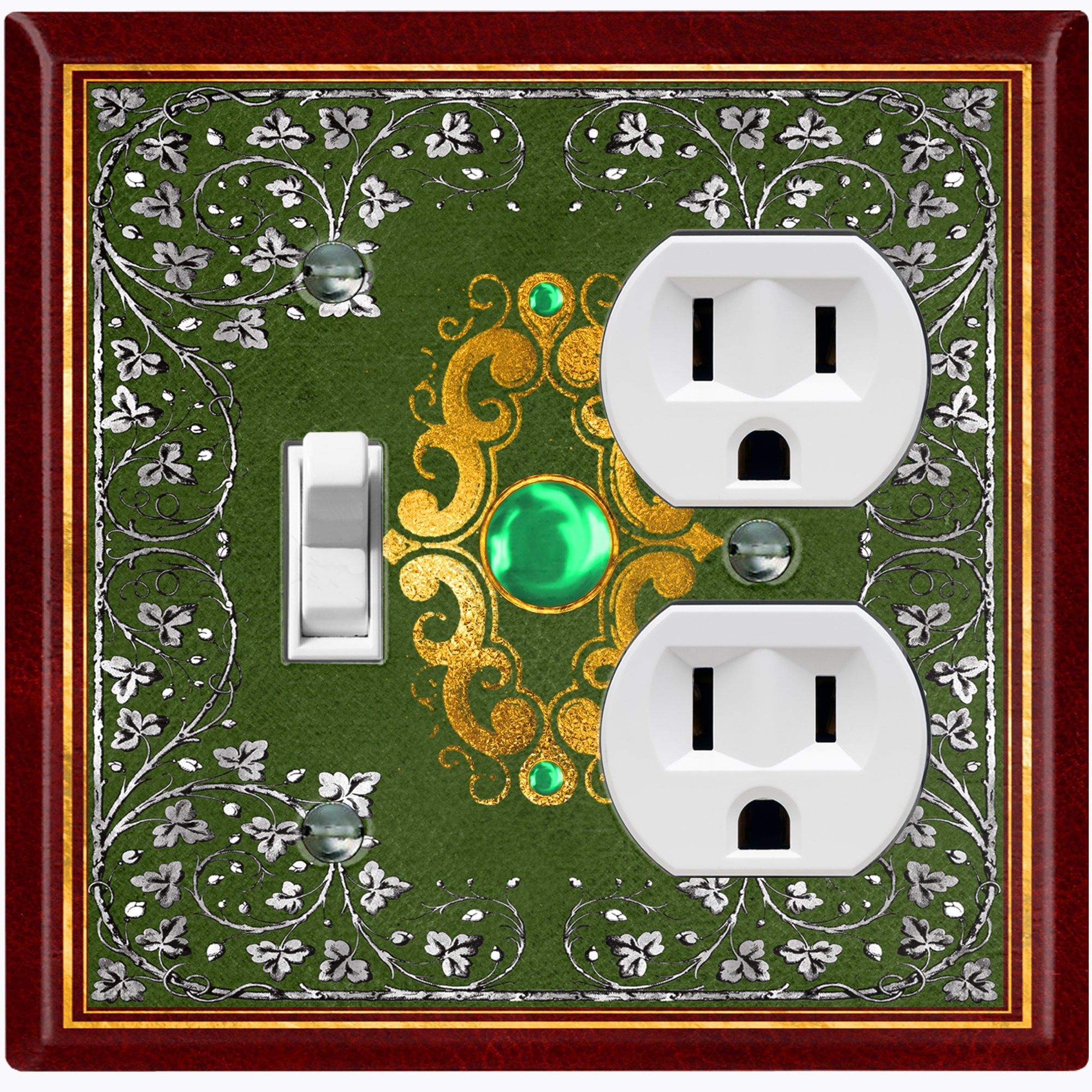 Metal Light Switch Plate Cover Elegant Maroon Green Floral Vine Frame ...