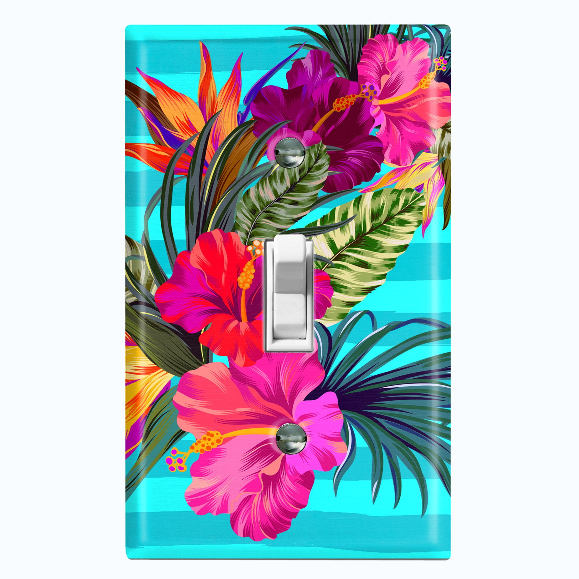 Metal Light Switch Plate Cover Hibiscus Flower Wreath Teal Stripes ...