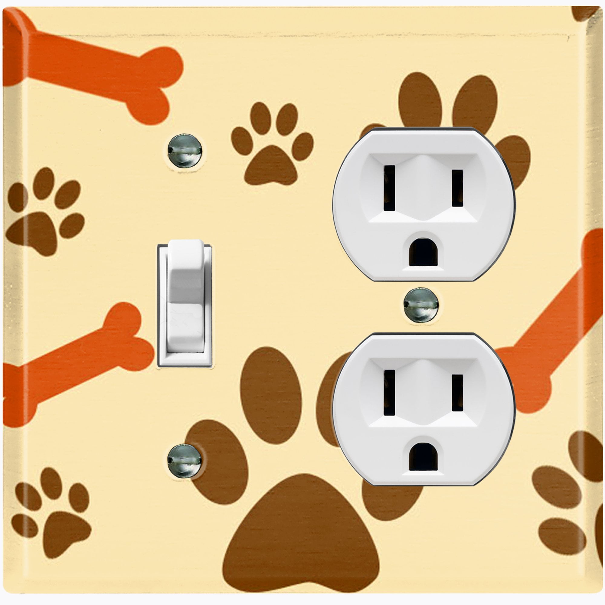 Metal Light Switch Plate Cover Puppy Dog Paw Print Bones Orange Beige ...